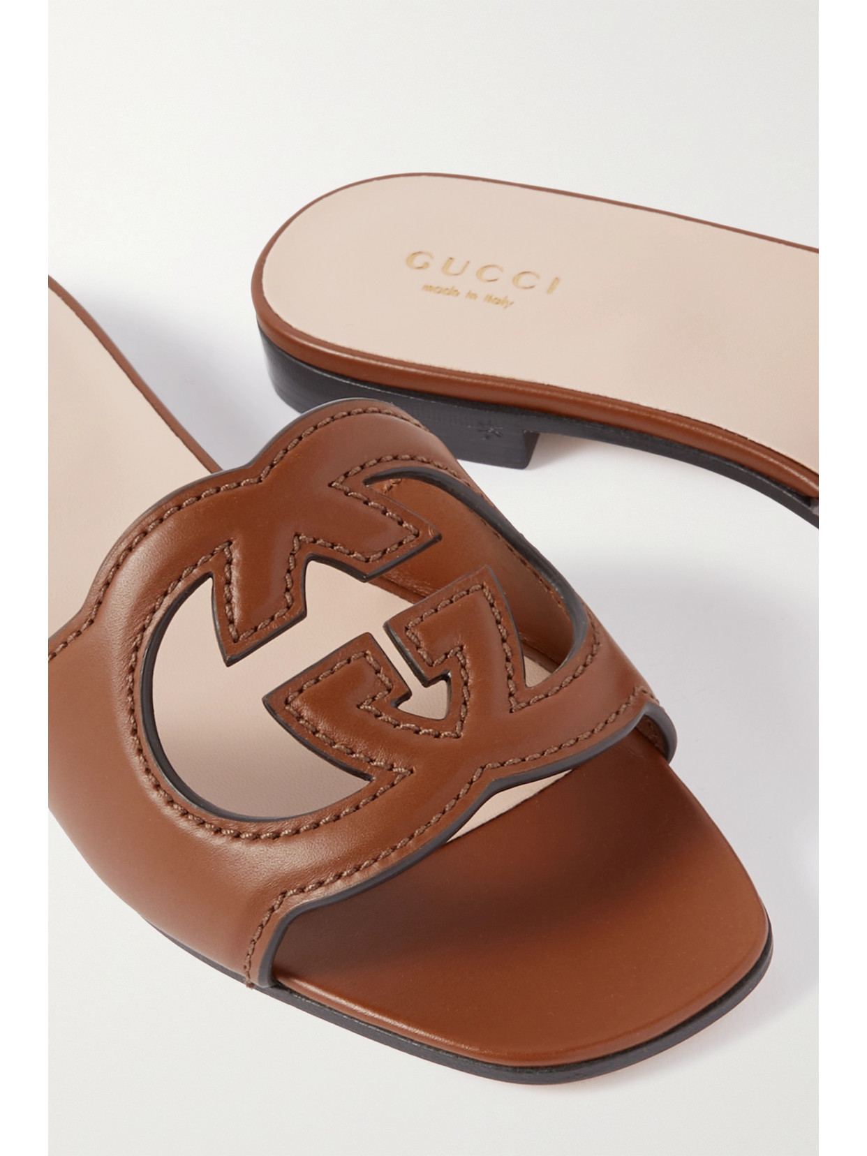 Gucci Tan and Brown Logo Slide Sandals Gucci Cosmos Softy Calfskin Interlocking G Cut Out Slide  main image 2