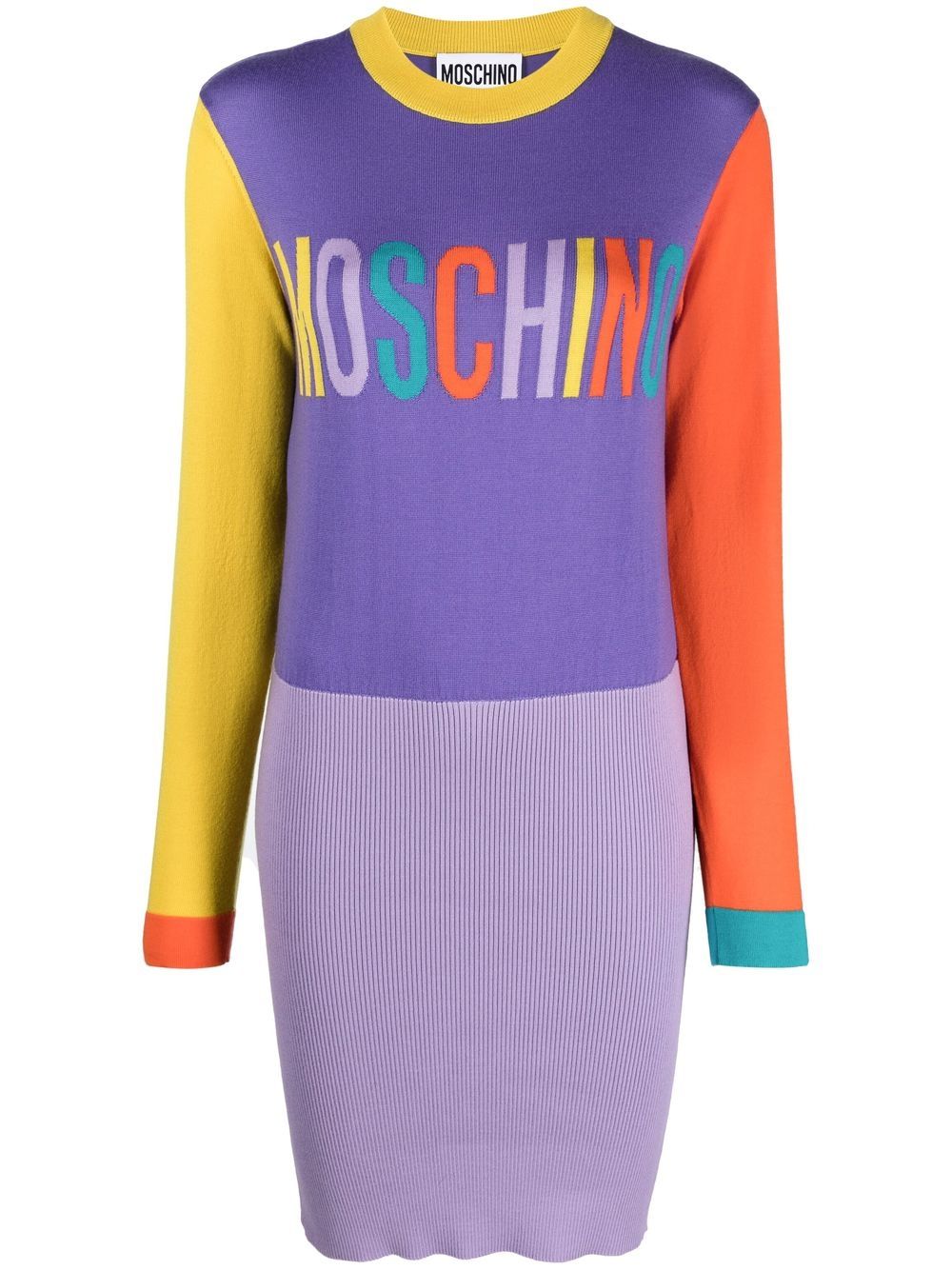 Moschino Intarsia Logo-Knit Sweater Dress - Blue - 50% Off | Editorialist