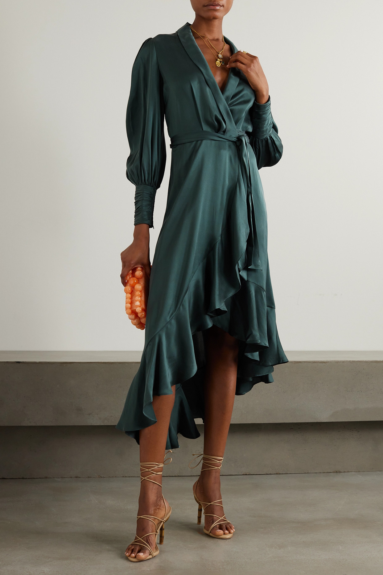 zimmermann asymmetric ruffled silk-satin midi wrap dress Zimmermann Silk Wrap Midi Dress