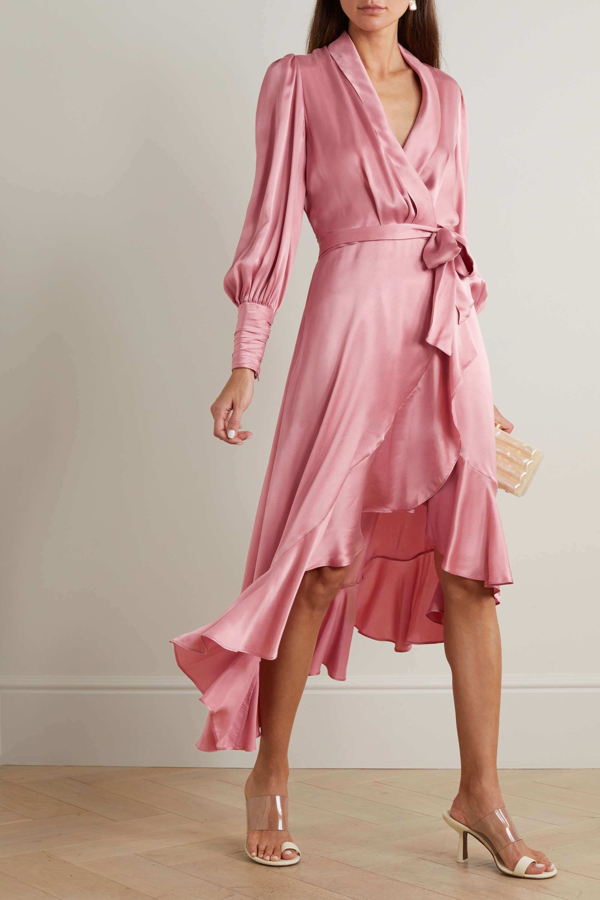 Zimmermann Asymmetric Ruffled Silk-Satin Midi Wrap Dress - Blue