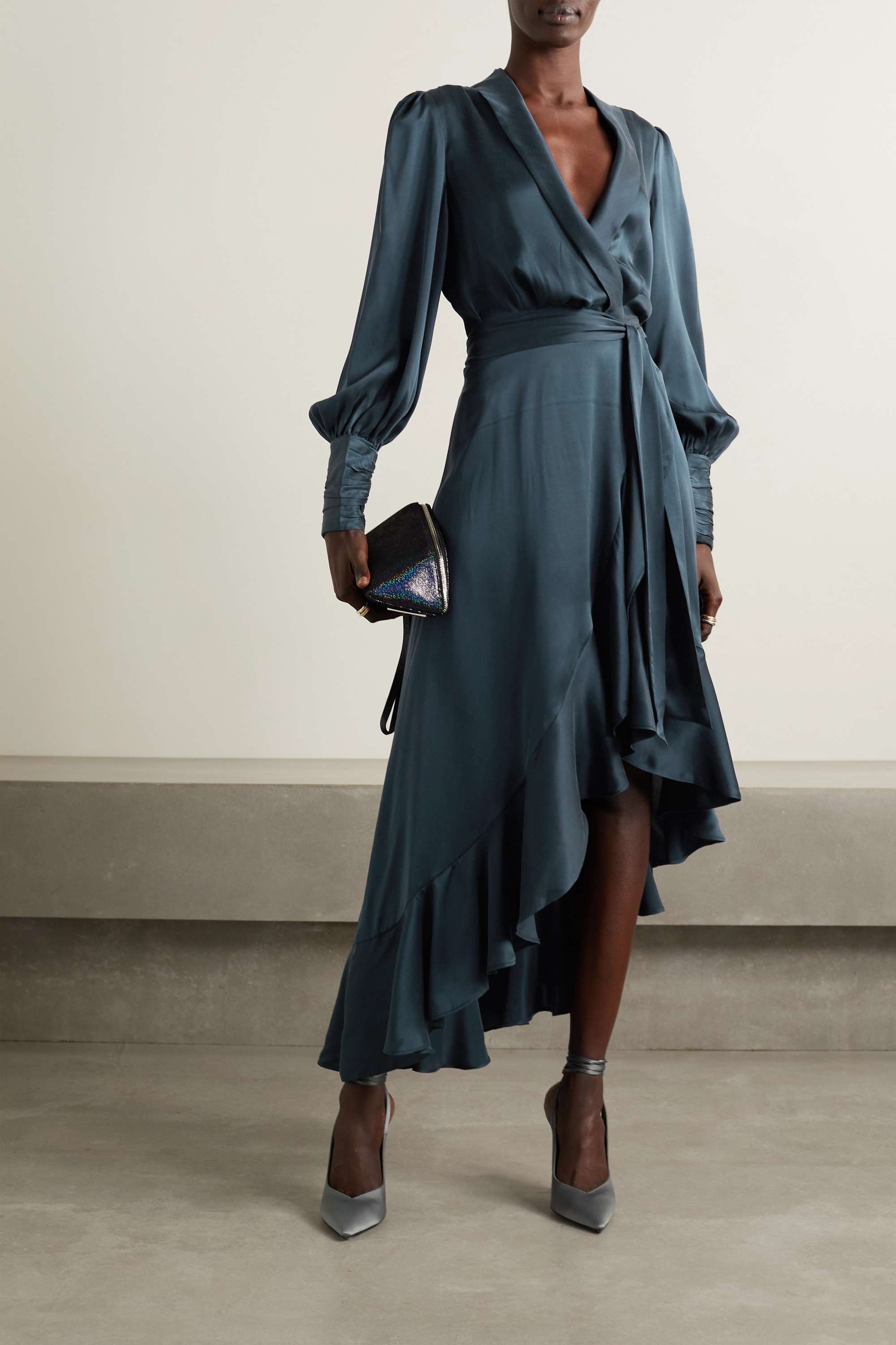 zimmermann blue dress Illuminate Flounce Mini fluid hand Zimmermann Asymmetric Ruffled Silk-Satin Midi