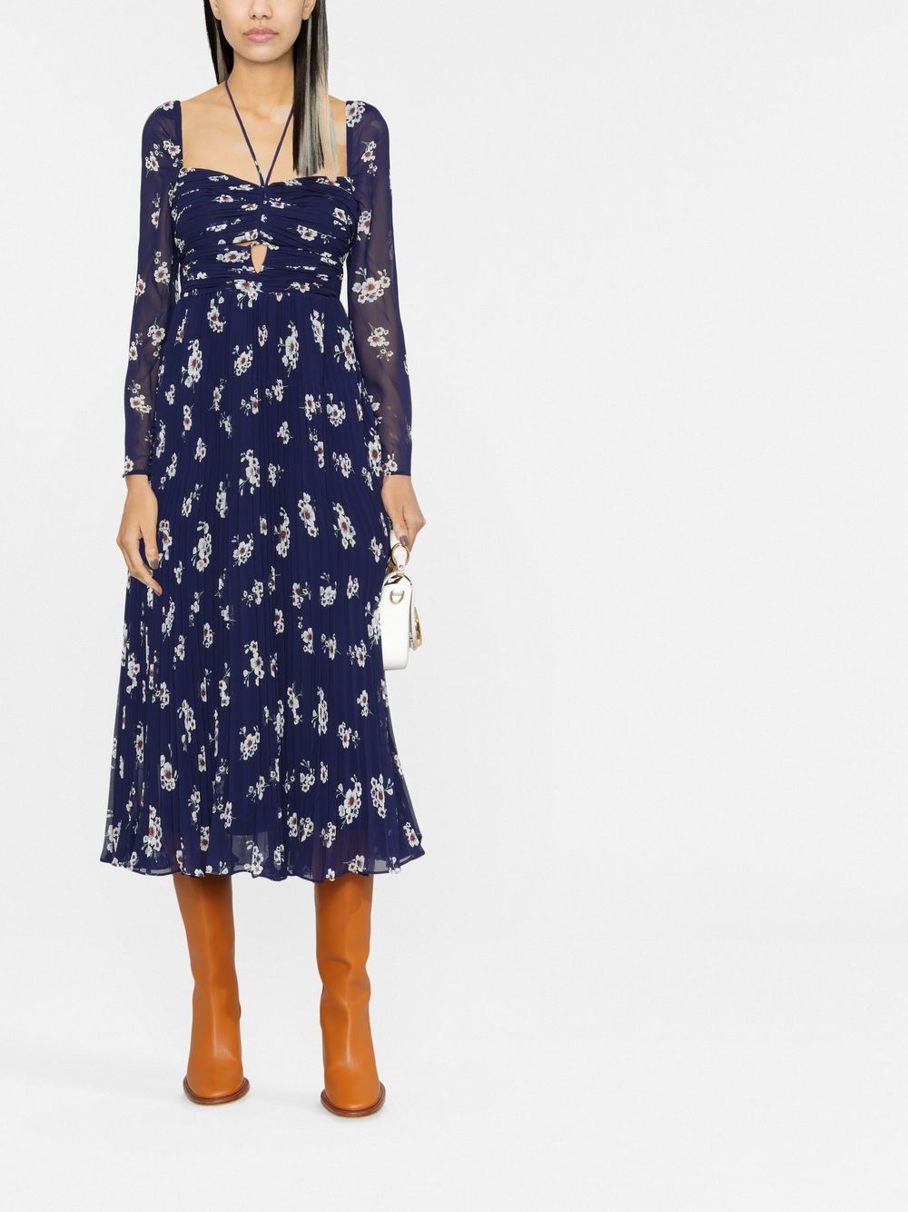 SELF-PORTRAIT Pansy-Print Pleated Midi Dress