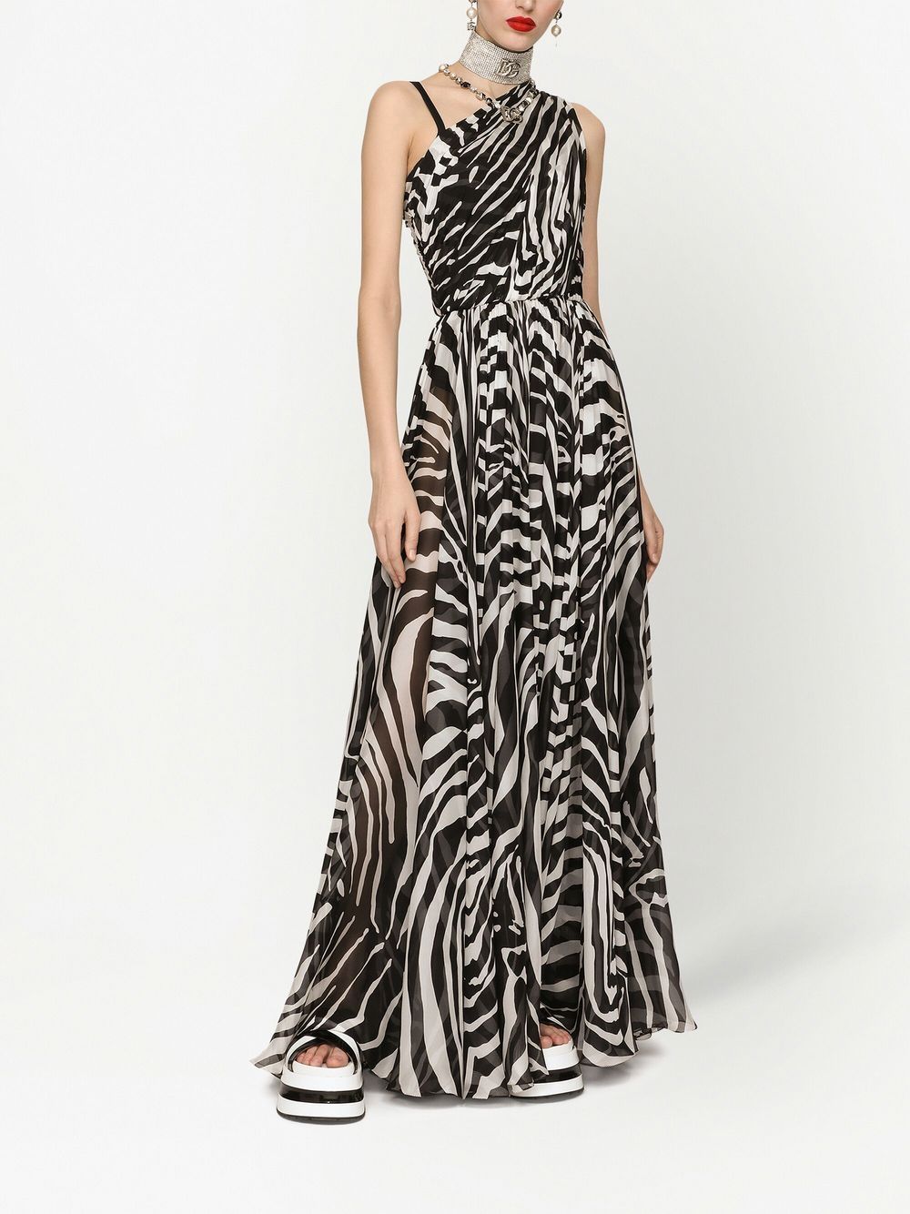 DOLCE & GABBANA Zebra-Print One-Shoulder Chiffon Gown