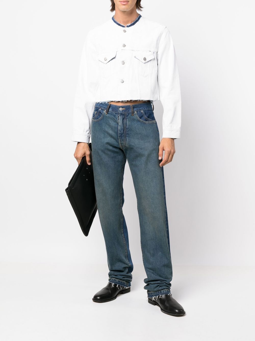 MAISON MARGIELA Maison Margiela Cropped Collarless Denim Jacket with Cracked Effect