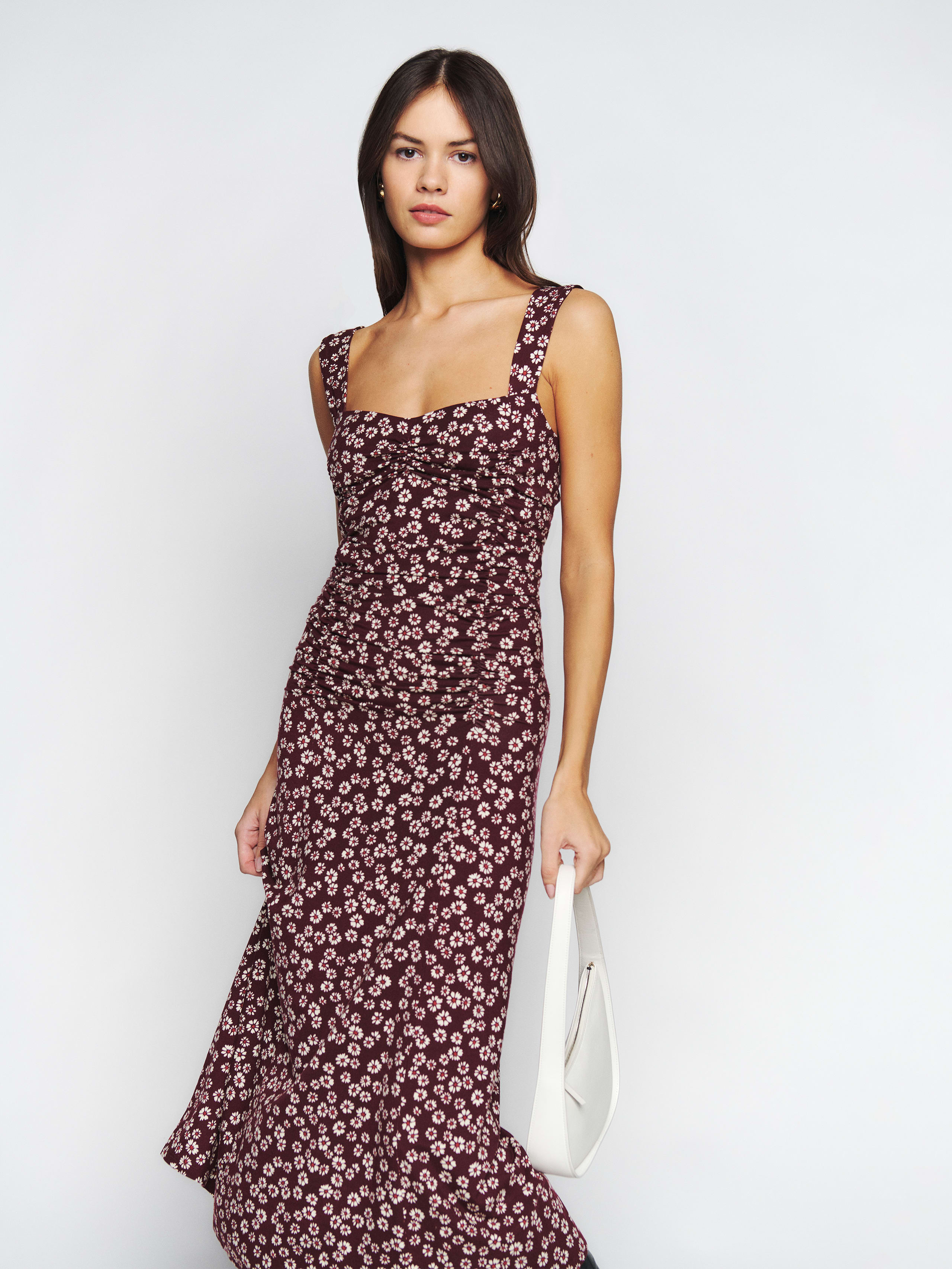reformation suvi sweetheart knit midi dress Reformation Suvi Ruched Midi Dress | Brown