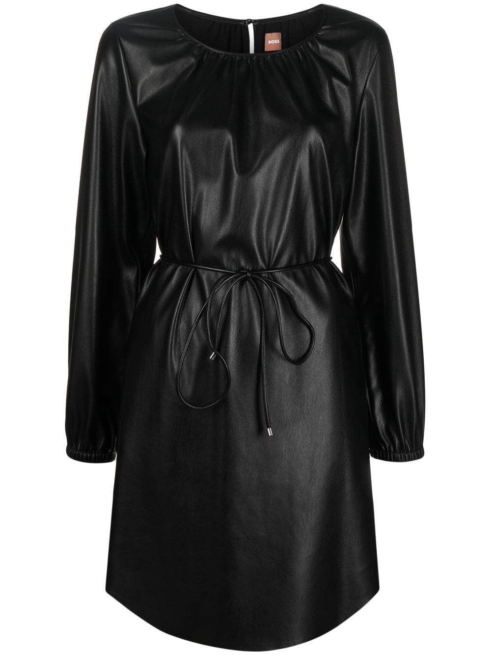 Boss Faux-Leather Long-Sleeved Dress with Tie Belt, Women, Size: 36, Black
