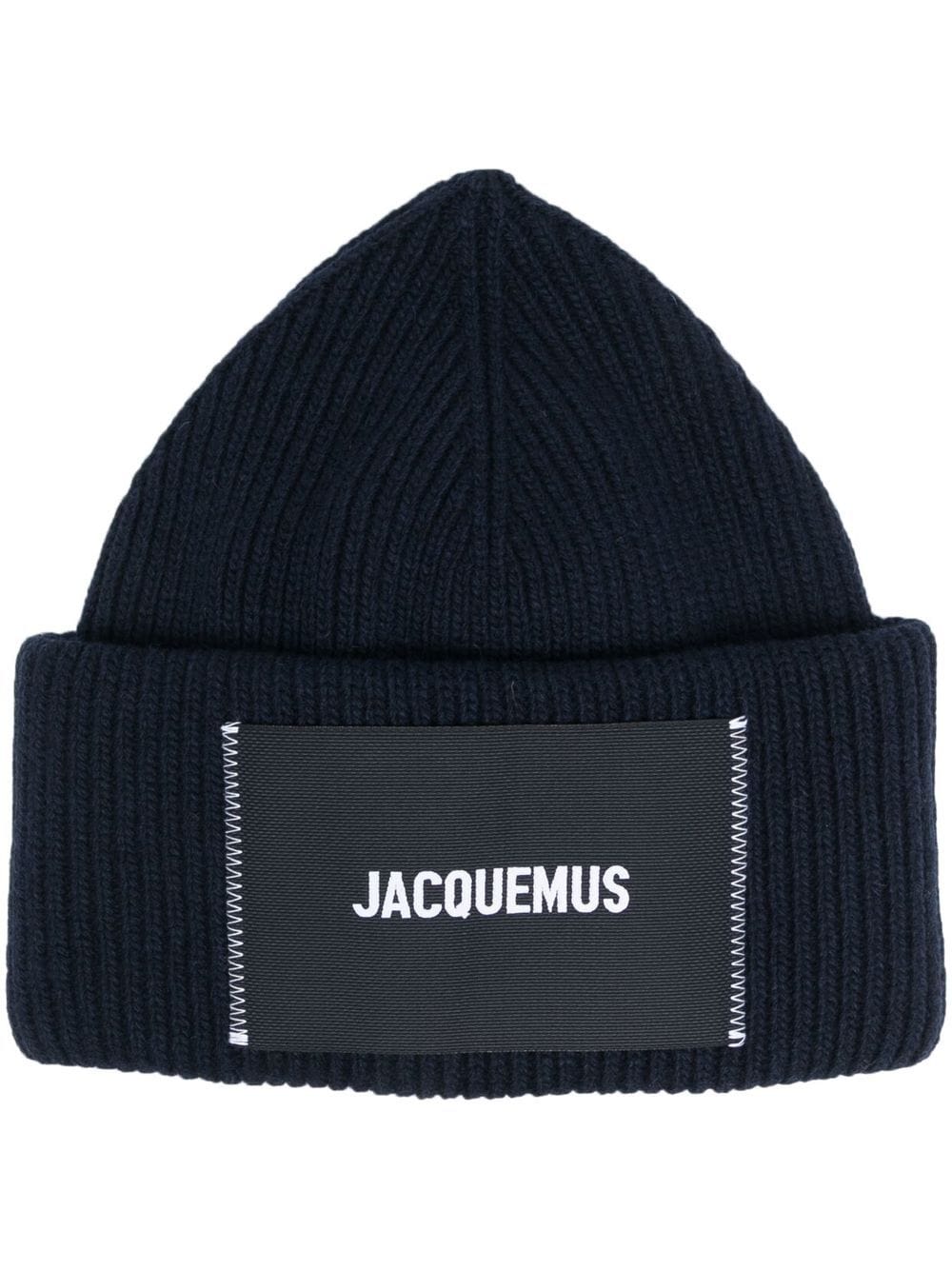 Jacquemus Navy Ribbed Cuff Beanie with Logo Patch Le Bonnet Gros Grain in Navy – SVRN main image 3