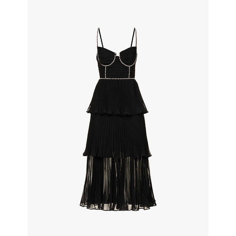 self portrait black chiffon tiered midi dress Self-Portrait Diamante-Embellished Tiered Chiffon Midi Dress - Black