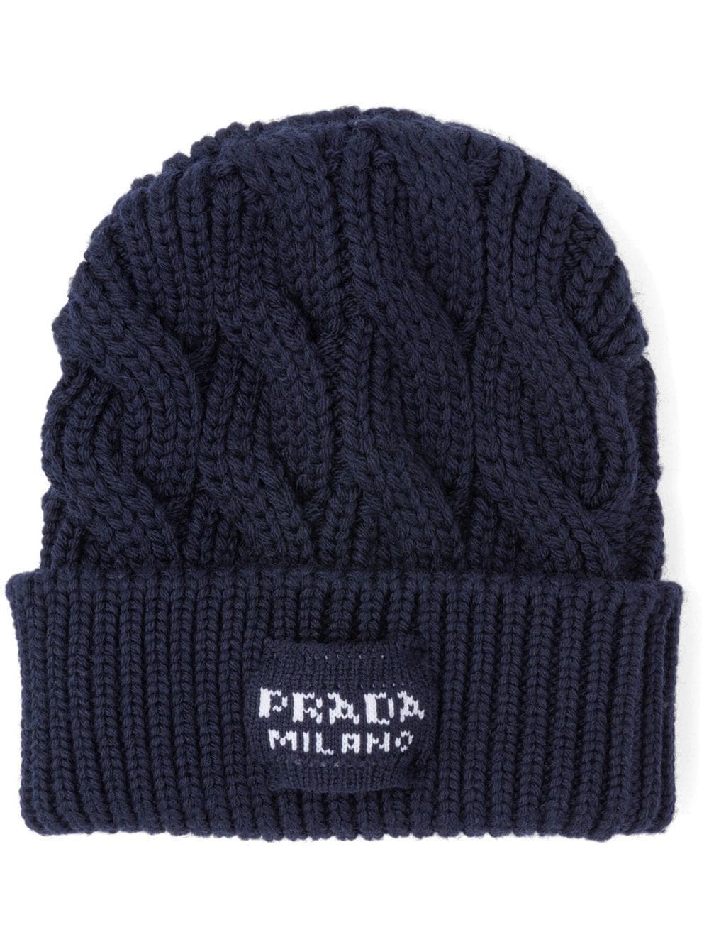 Prada Intarsia Logo Cable-Knit Beanie - Blue | Editorialist display picture 1