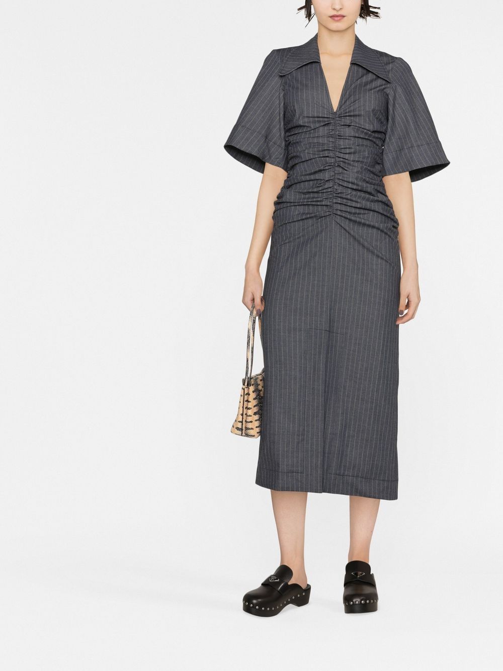 ganni pinstripe ruched dress Ganni Pinstriped Ruched Dress In Grey - 46% Off