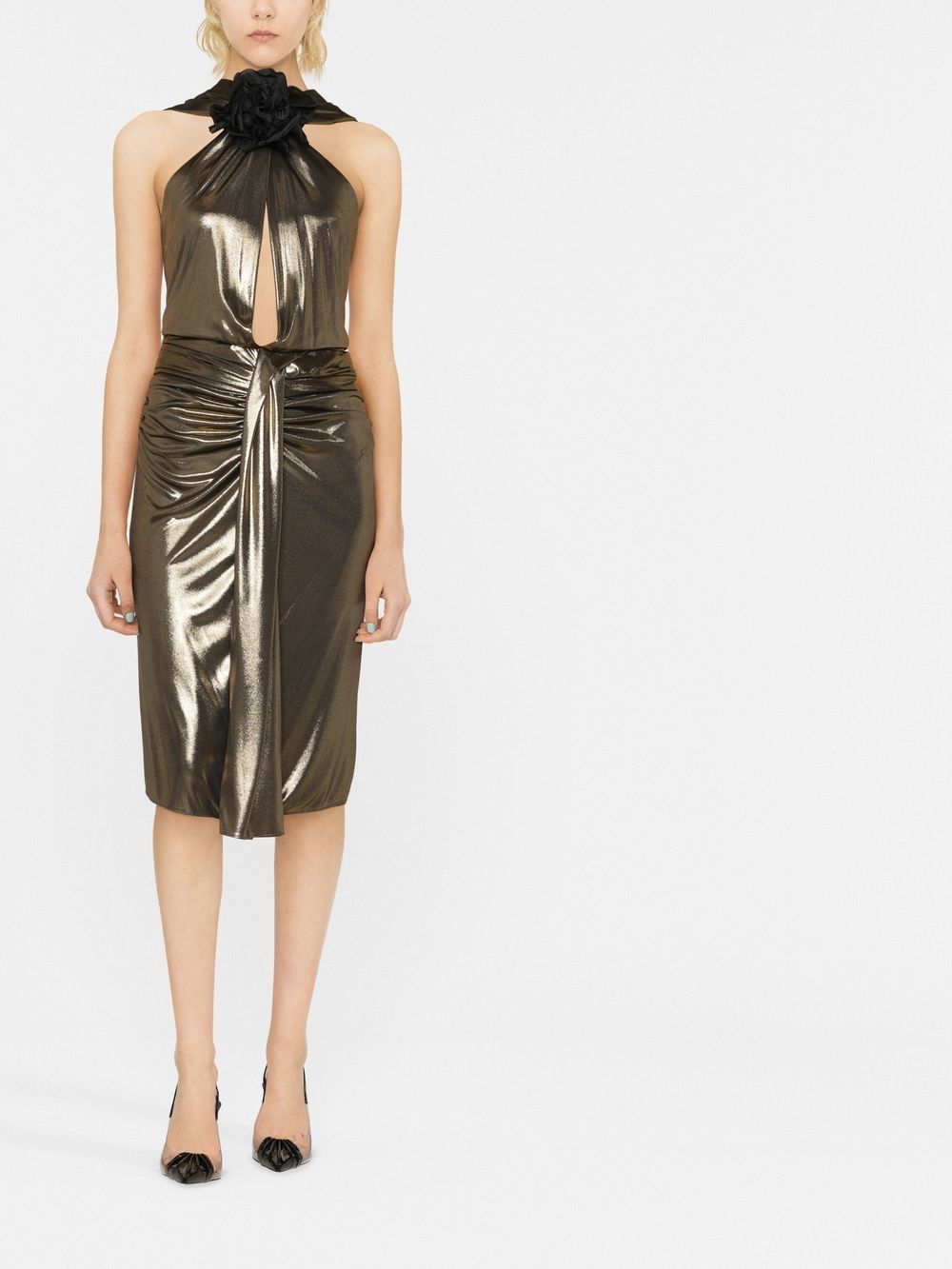 saint laurent gold dress Saint Laurent Floral Detail Laminated Dress