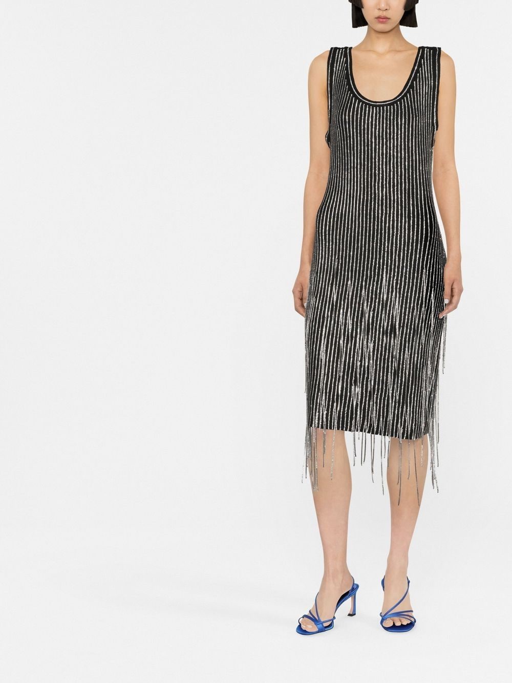 PHILOSOPHY DI LORENZO SERAFINI Philosophy Di Lorenzo Serafini Black Virgin Wool Rhinestone Embellished Fringe Detail Sleeveless V-Neck Scoop Back Midi Dress