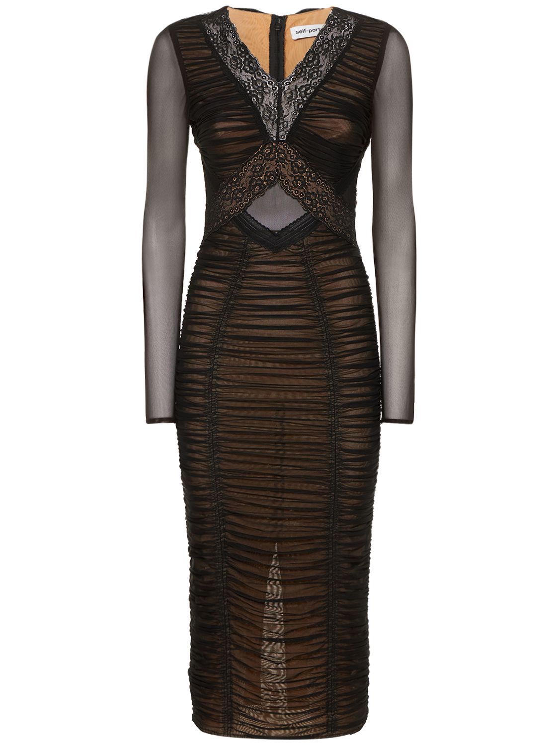 Self-Portrait Mesh Long Sleeve Midi Dress In Black - 30% Off | Editorialist