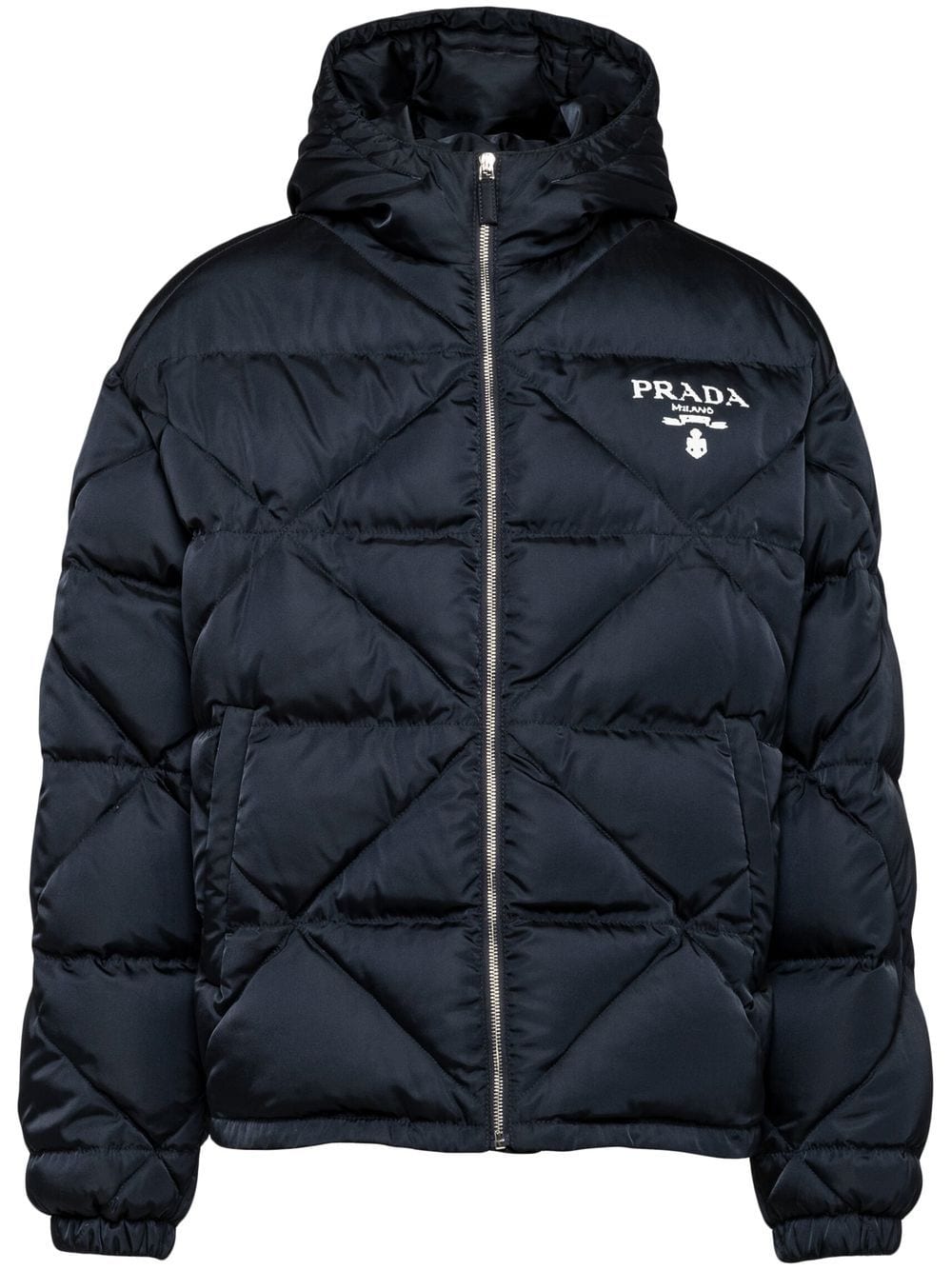 Prada Embroidered Logo Puffer Jacket - Blue | Editorialist