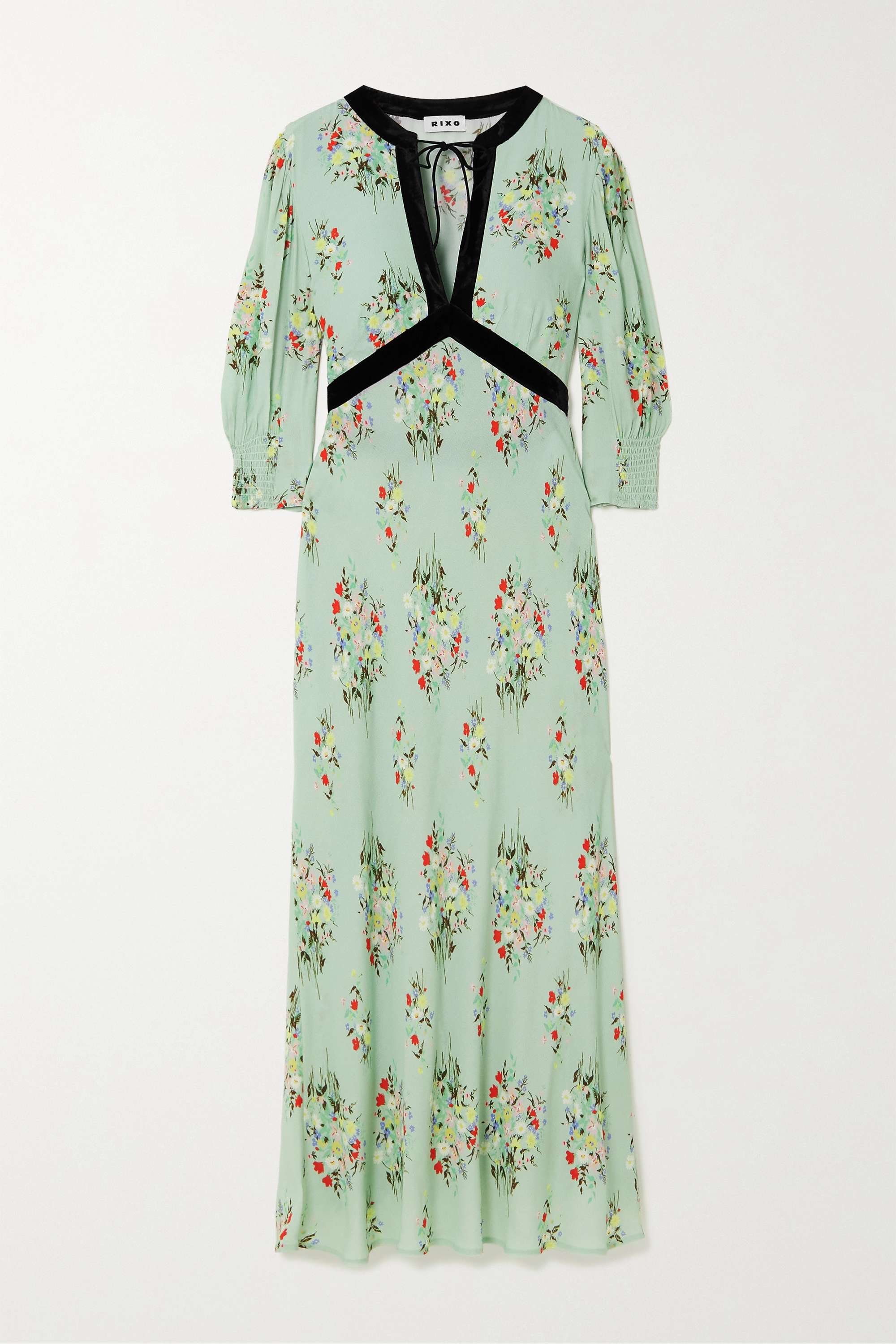Rixo Petra Velvet-Trimmed Floral-Print Crepe Midi Dress - Mint |  Editorialist