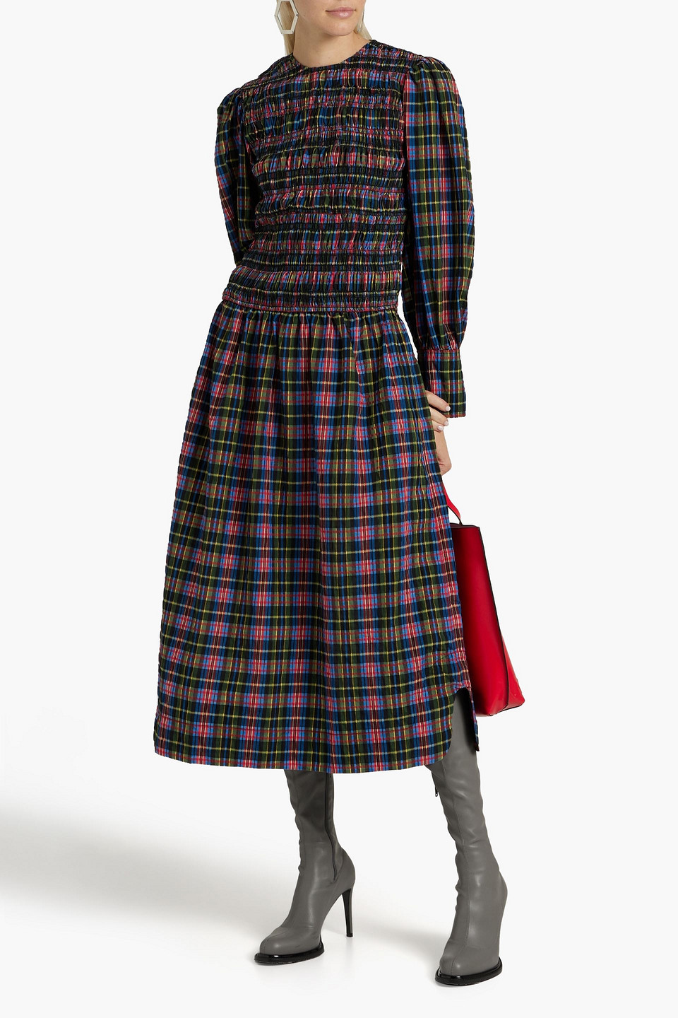 Ganni Shirred Checked Cotton-Blend Seersucker Midi Dress In Multicolor -  80% Off | Editorialist
