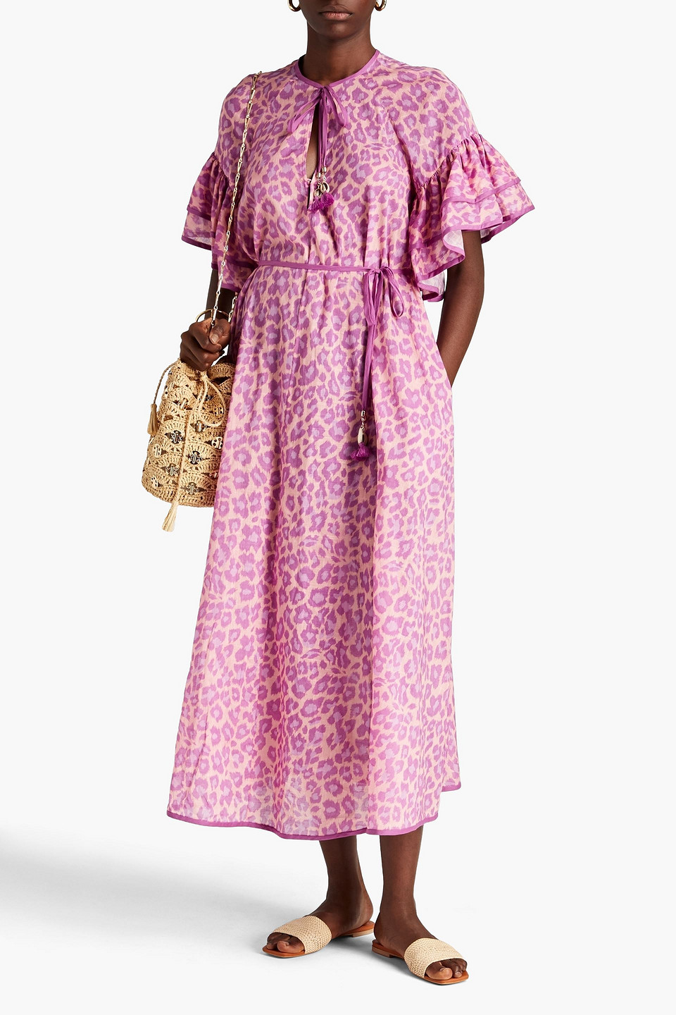 zimmermann pink leopard dress Zimmermann Ruffled Leopard-Print Cotton Midi Dress In Violet - 85% Off
