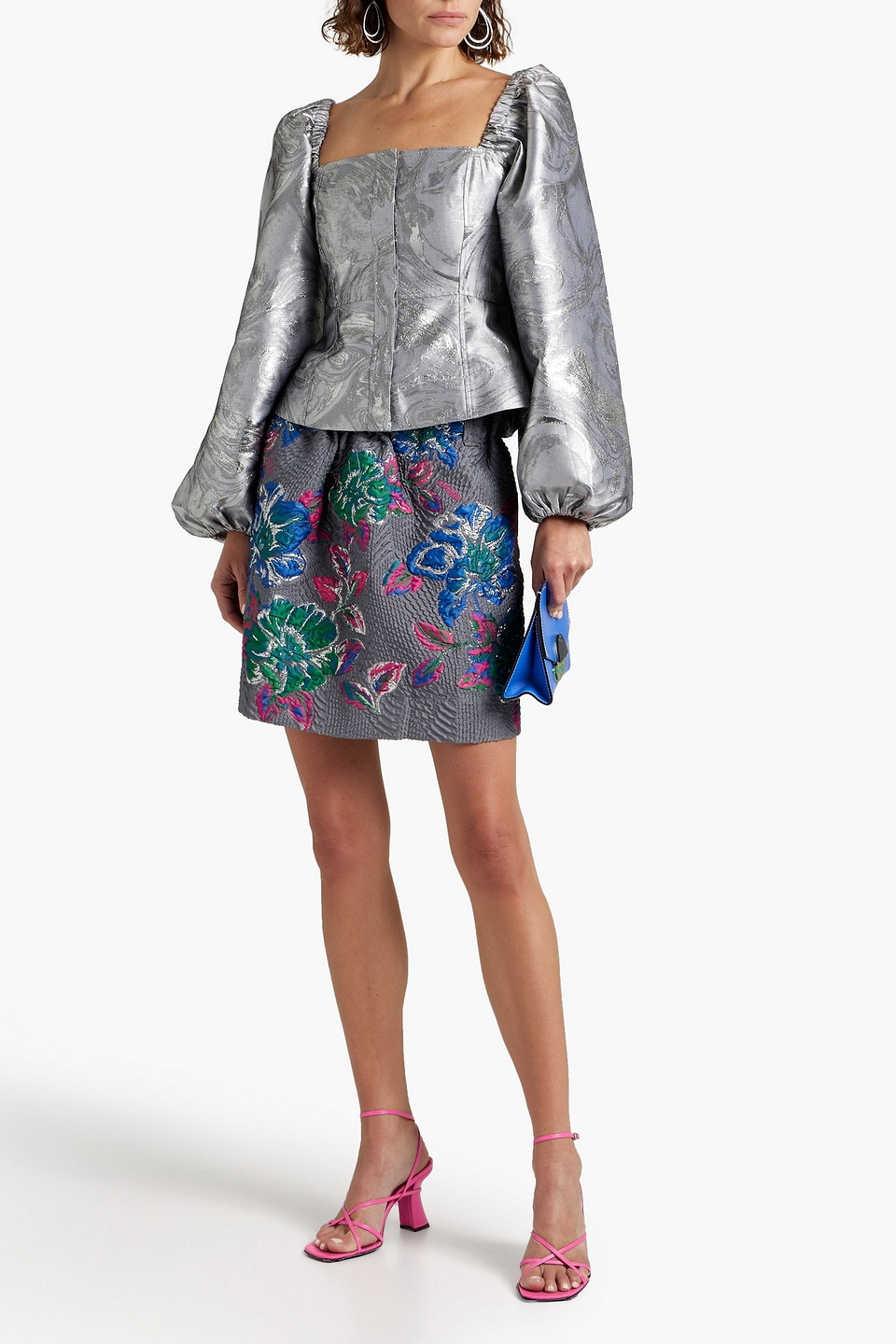 Ganni Metallic Jacquard Peplum Top In Gold/Silver - 63% Off