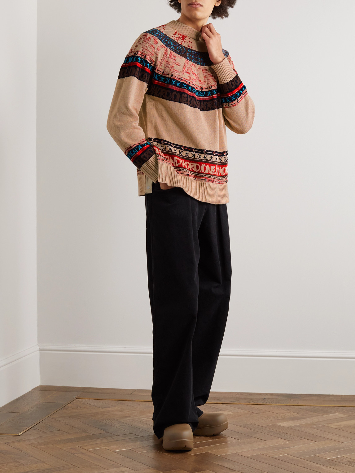 Sacai Eric Haze Fair Isle Cotton-Jacquard Sweater In Pink - 60