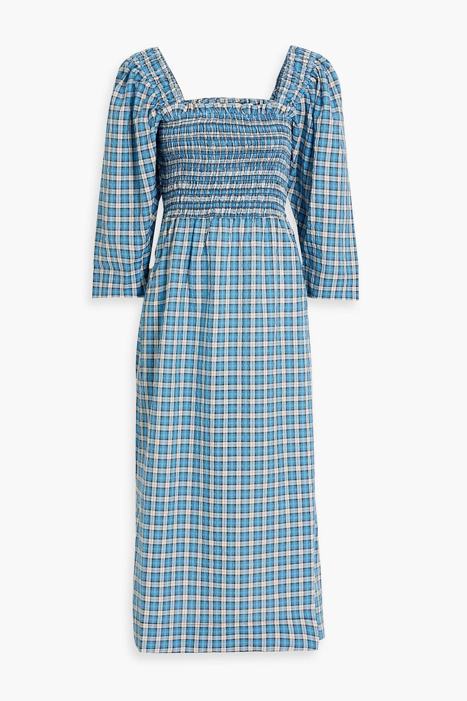 ganni shirred checked cotton-blend seersucker midi dress Checked cotton-blend seersucker midi dress - green