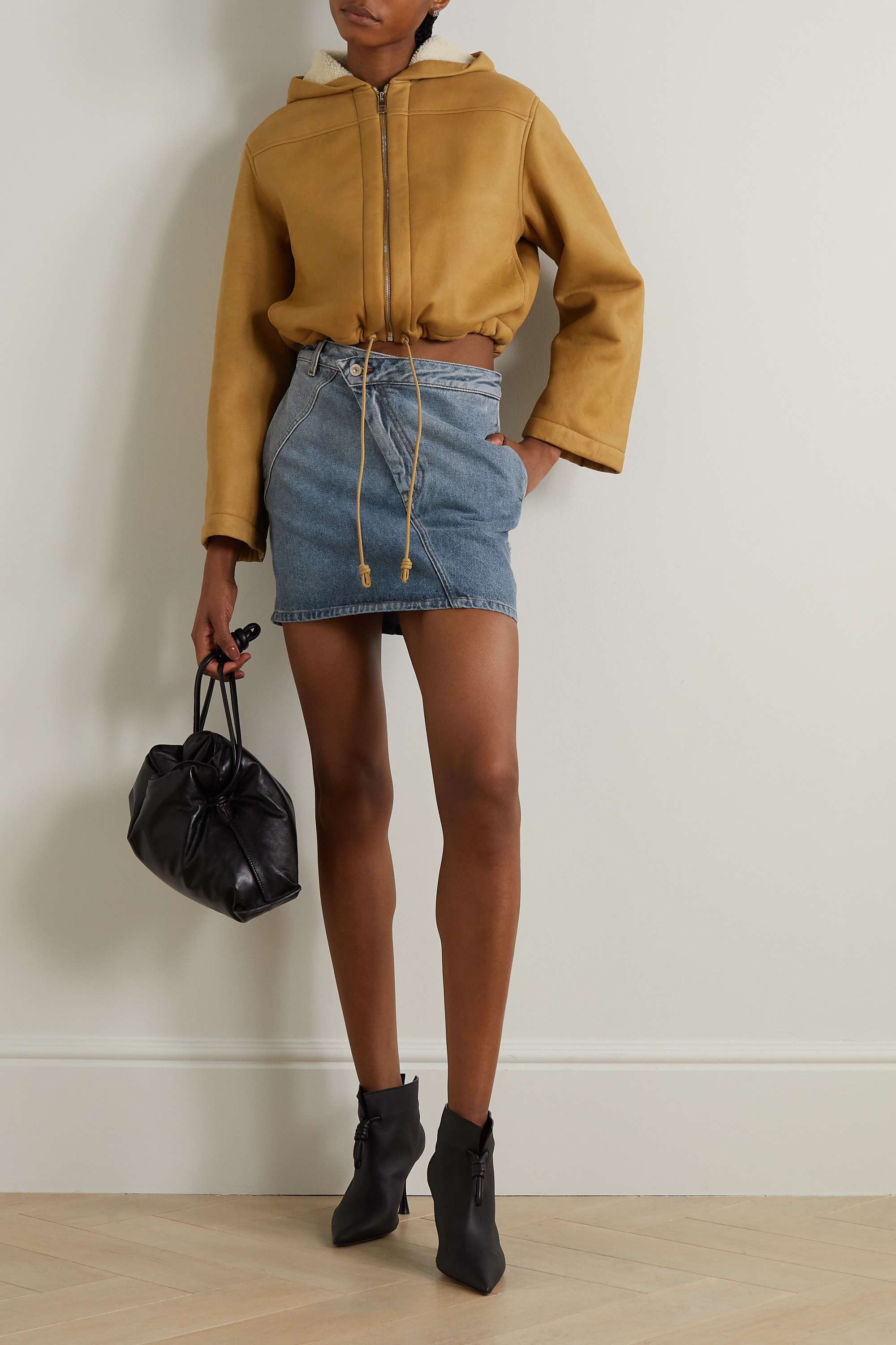 Loewe Anagram Asymmetric Leather-Trimmed Denim Mini Skirt In