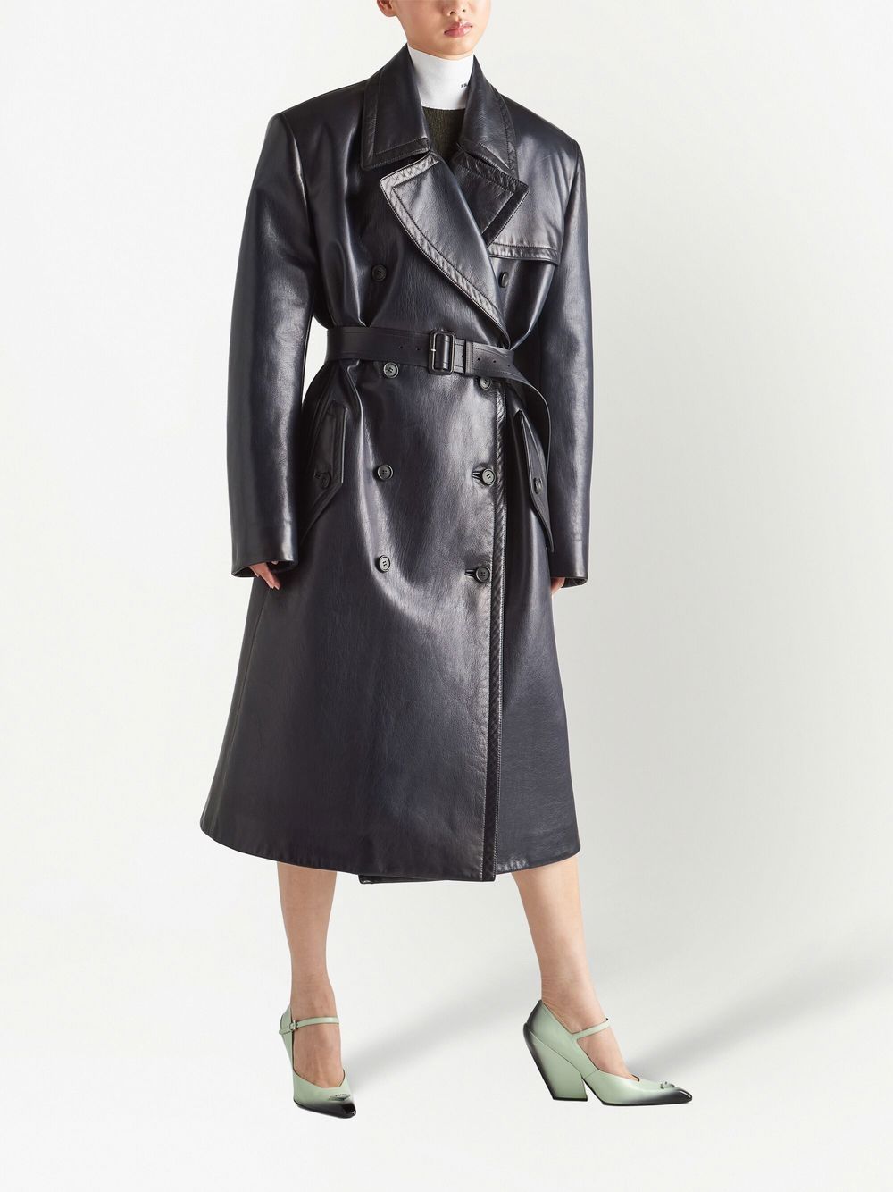 Prada Double-Breasted Leather Trench Coat - Blue | Editorialist