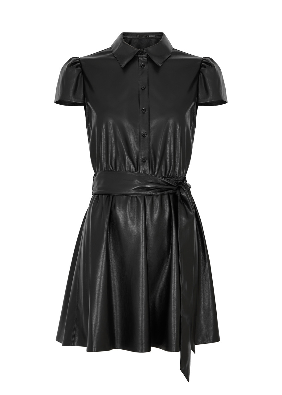 Alice + Olivia Alice + Olivia Carolyn Belted Faux Leather Mini Dress 10 -  Black | Editorialist