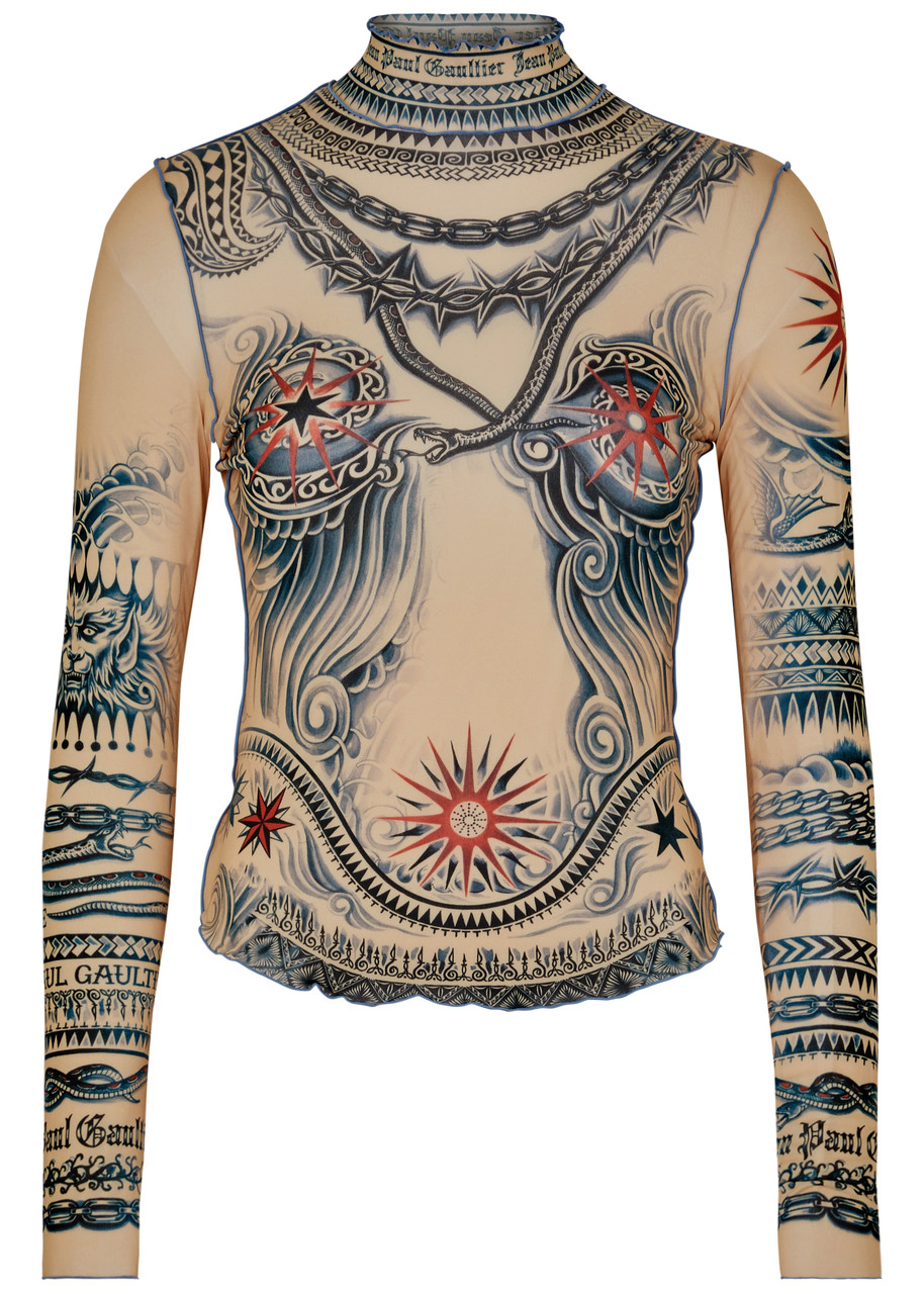 Jean Paul Gaultier Sun Tattoo Printed Stretch-Jersey Top - Beige 