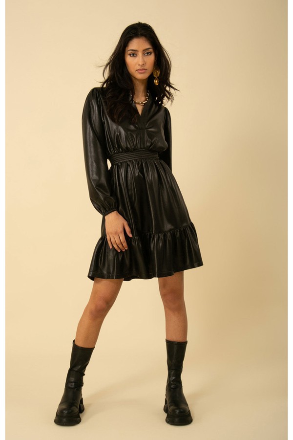 Hale Bob Emily Smocked Faux Leather Dress In Black - 25% Off | Editorialist