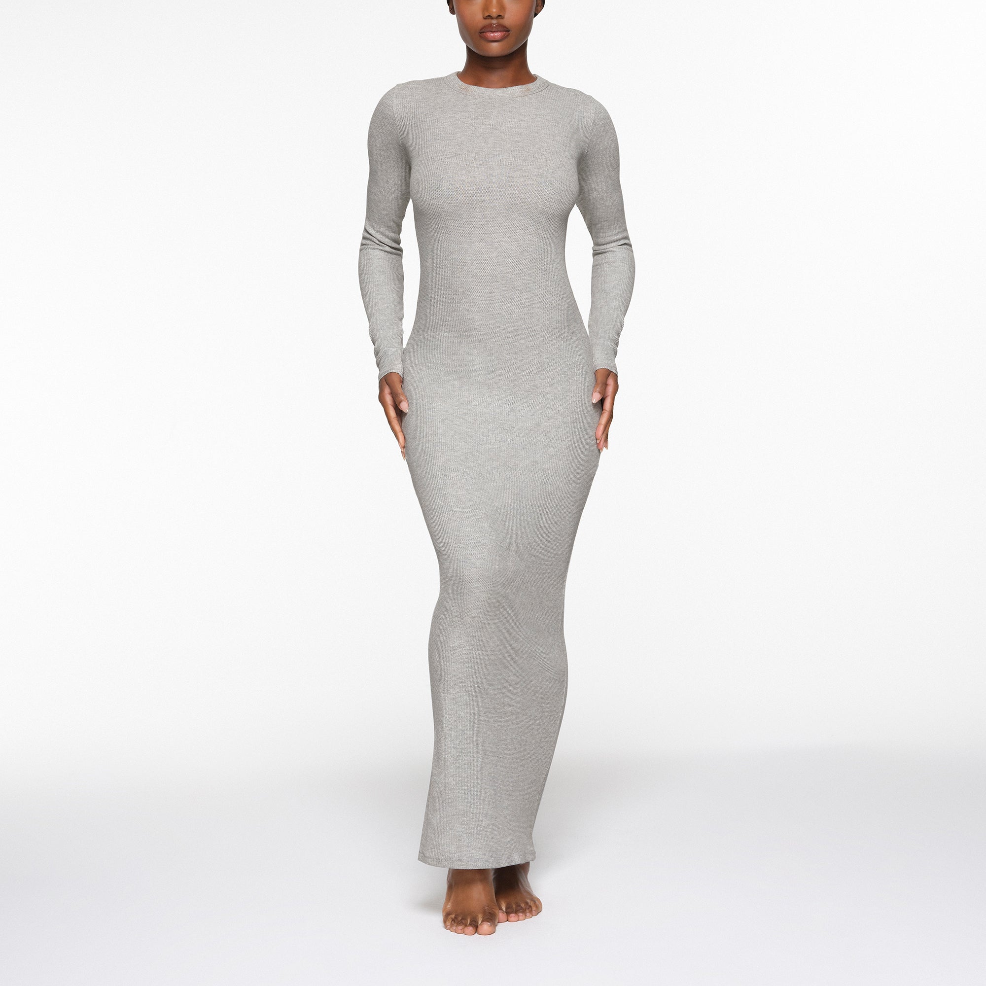 Skims Waffle Crew Neck Long Dress - Light Heather Grey | Editorialist Skims Waffle Crew Neck Long Dress - Light Heather Grey | Editorialist