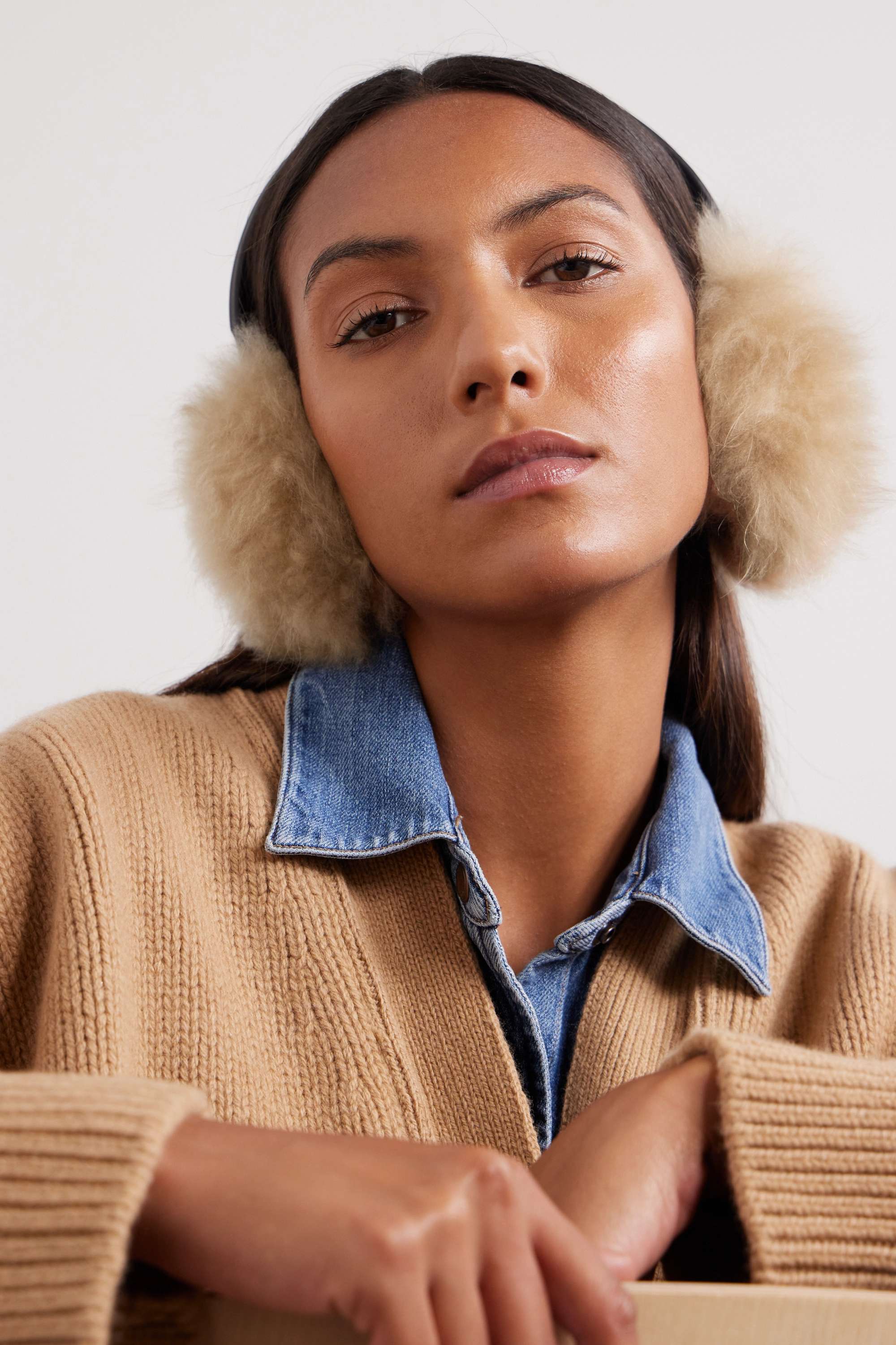 Yves Salomon Leather-Trimmed Shearling Earmuffs - Beige | Editorialist