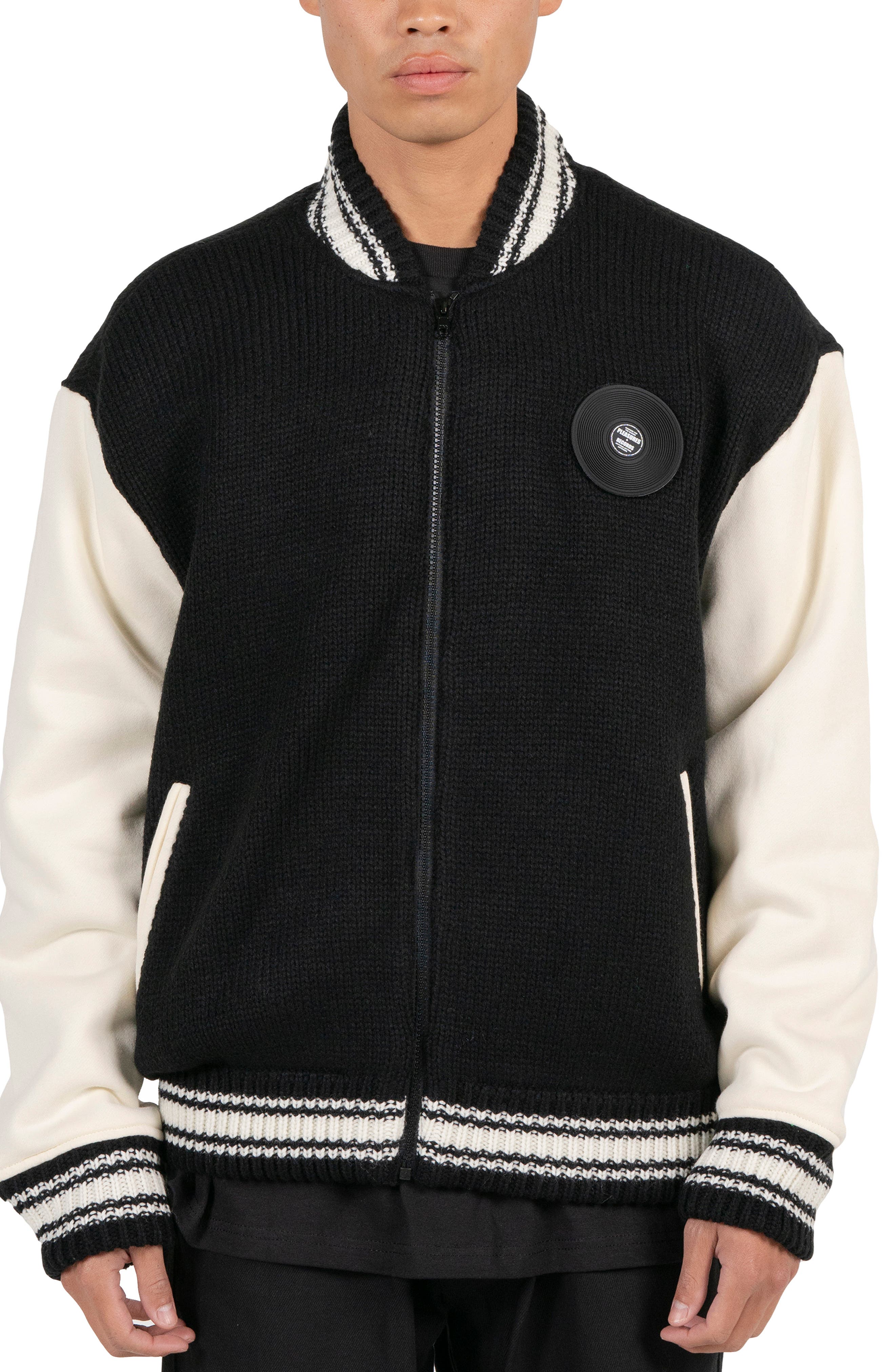 【PLEASURES 】SMOKE KNITTED VARSITY JACKET Pleasures Smoke Knit Graphic Varsity Jacket In Black - 55% Off