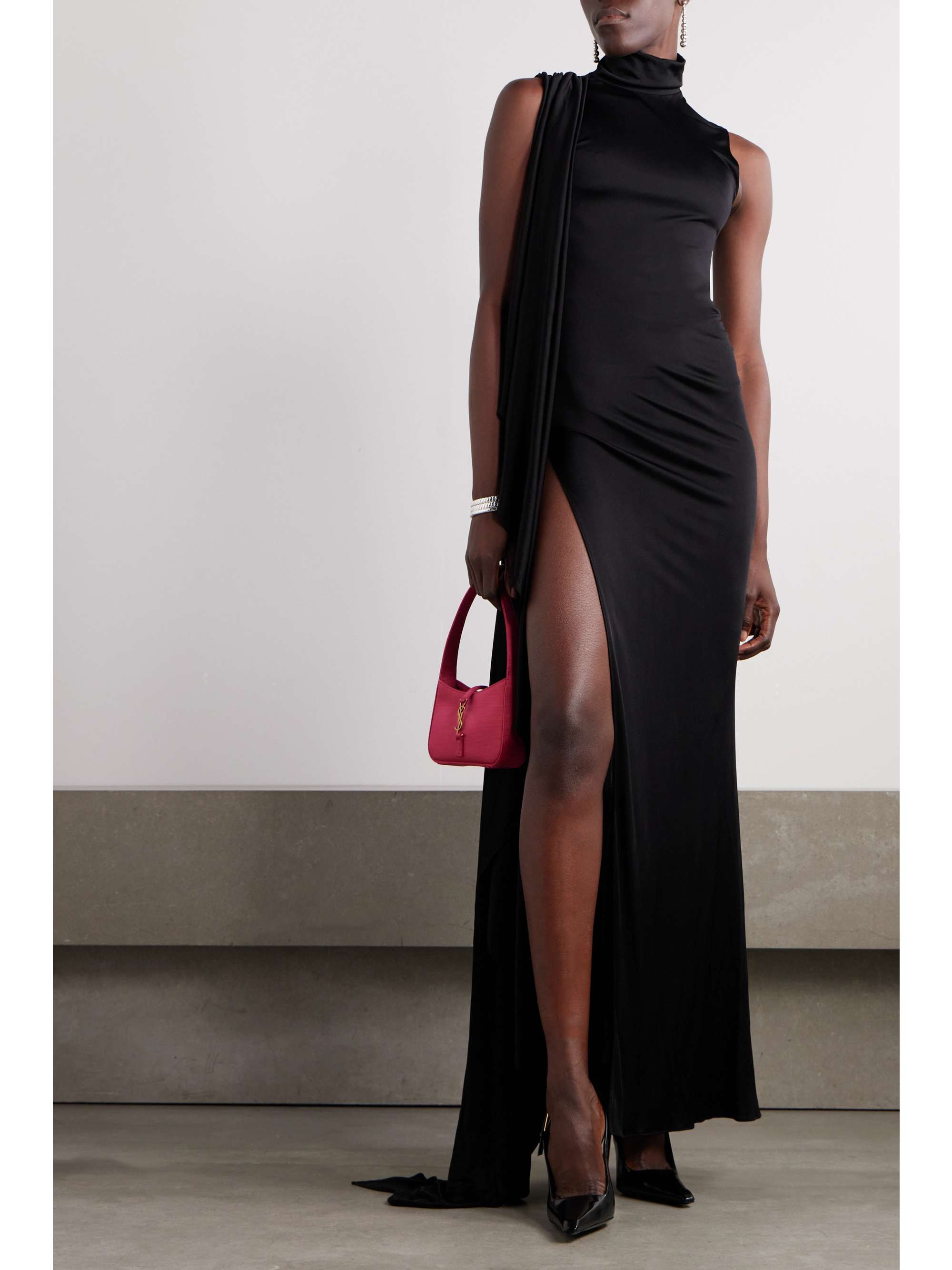 Saint Laurent Draped Satin-Jersey Turtleneck Maxi Dress - Black |  Editorialist
