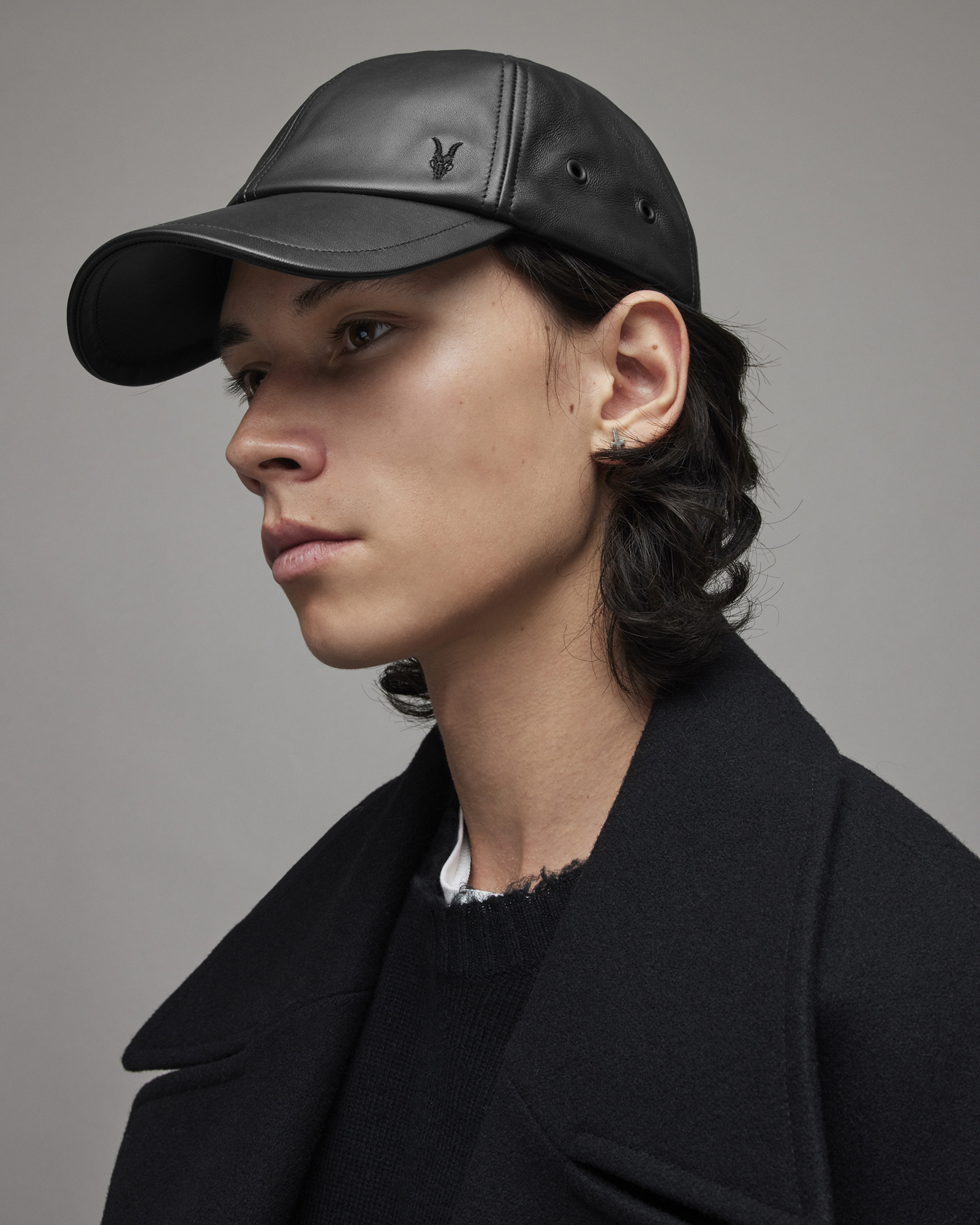 Allsaints Ramskull Leather Baseball Cap In Black - 30% Off 