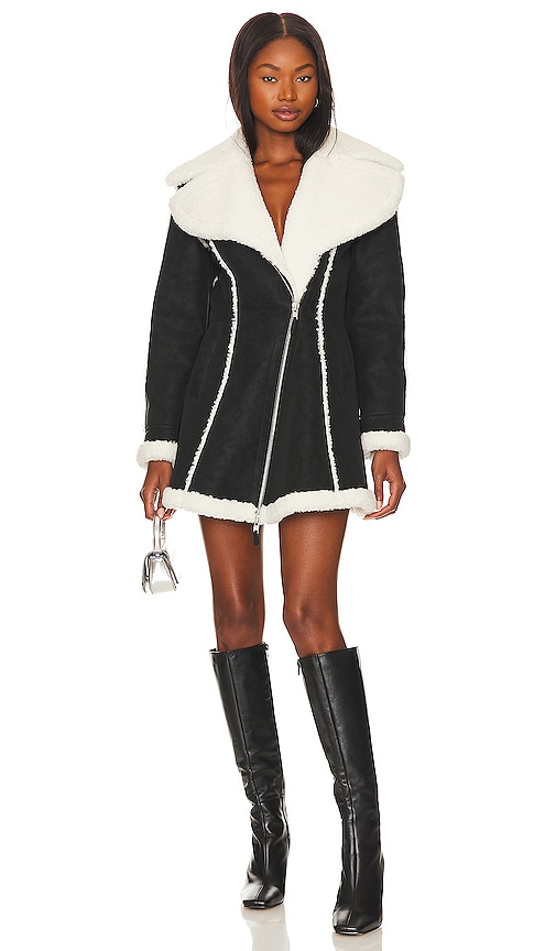 jaedon faux shearling jacket dress in black NBD Jaedon Faux Shearling Jacket Dress in Black