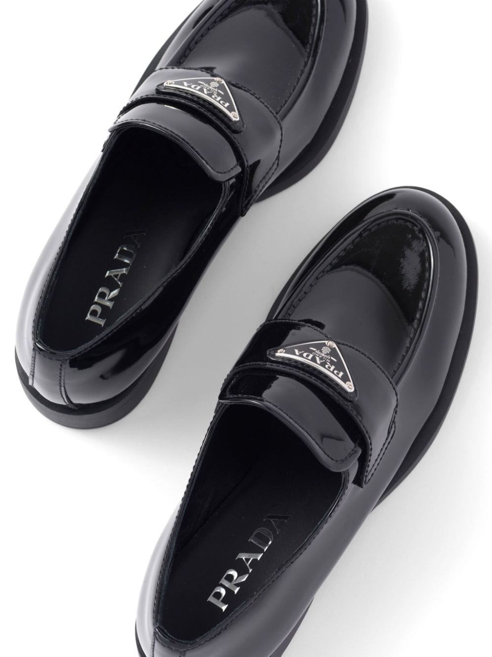 Prada Triangle-Logo Leather Loafers In Black | Editorialist display picture 3