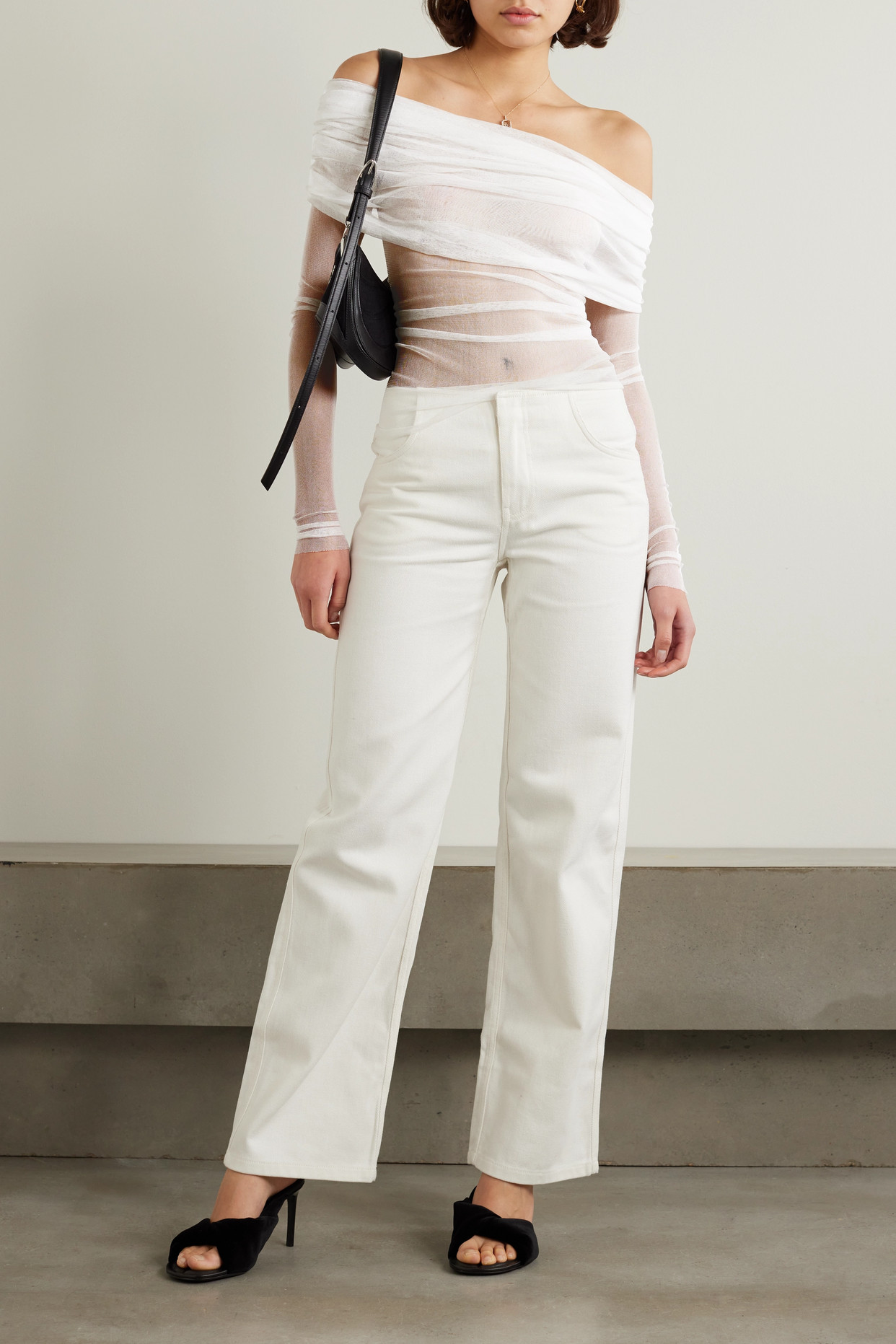CHRISTOPHER ESBER Off-the-Shoulder Gathered Silk-Tulle Top