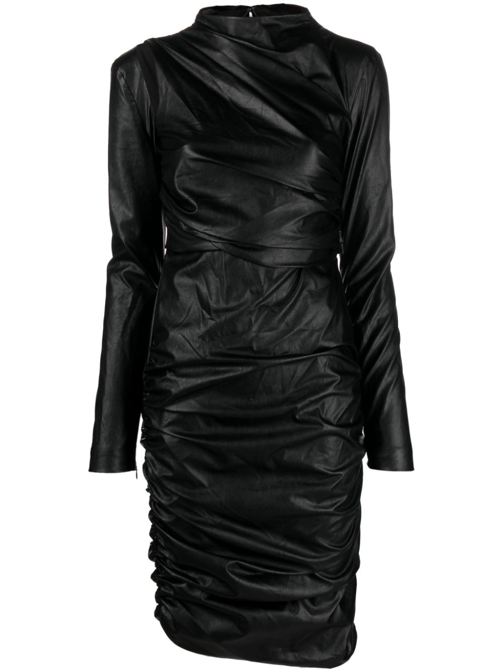 black mini dress showpo Women's Ruched Backless Satin Mini Dress – Alorar