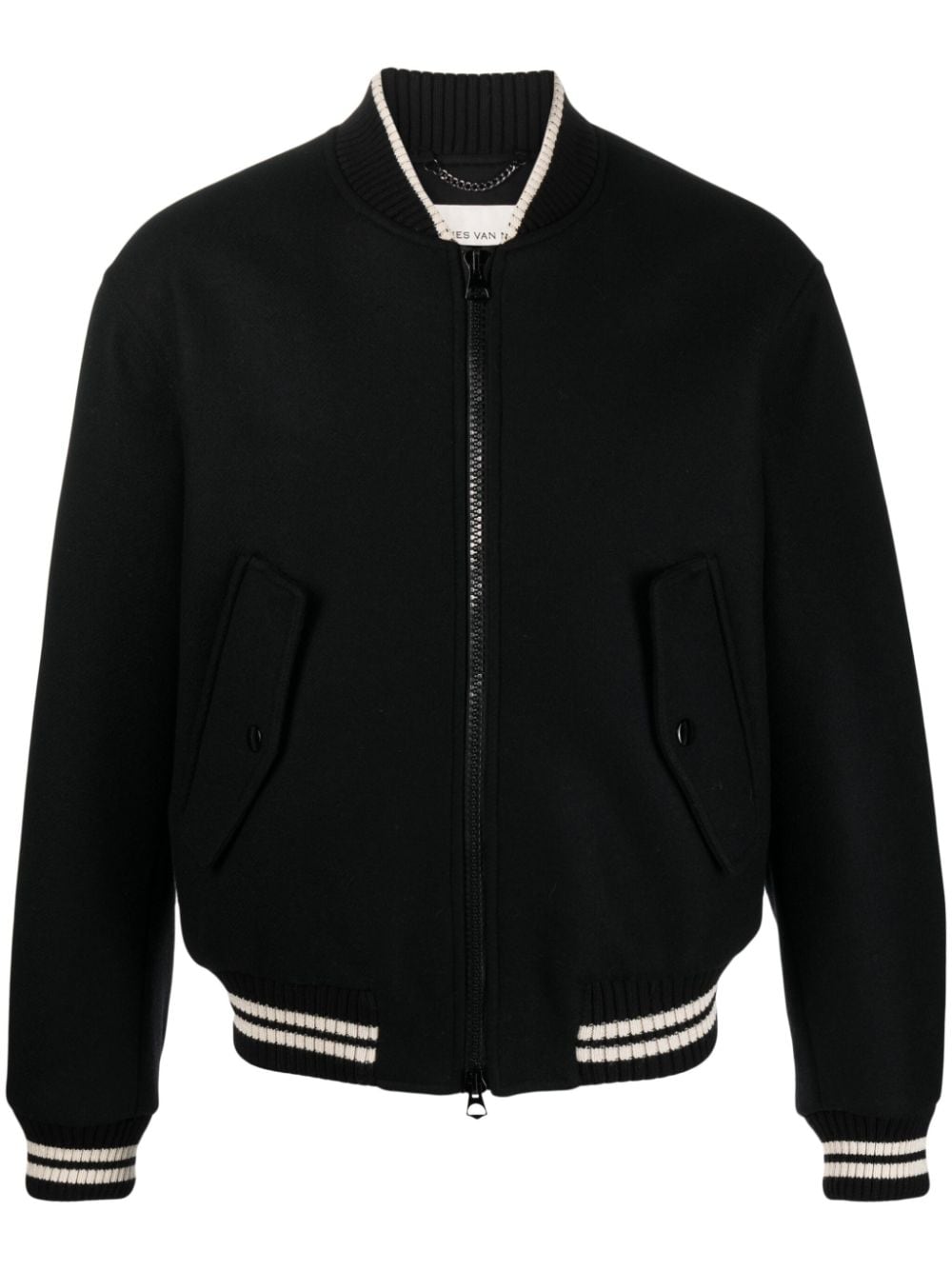 Dries Van Noten Back-Zip Wool Bomber Jacket Black Editorialist - Main Image