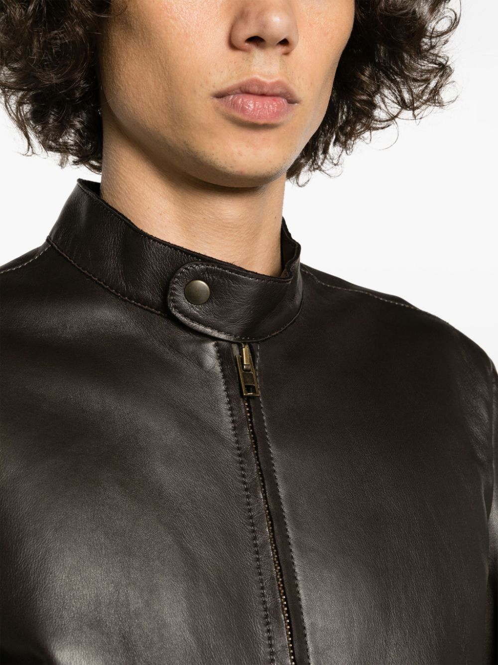 Salvatore Santoro High-Neck Leather Jacket In Brown - 7% Off