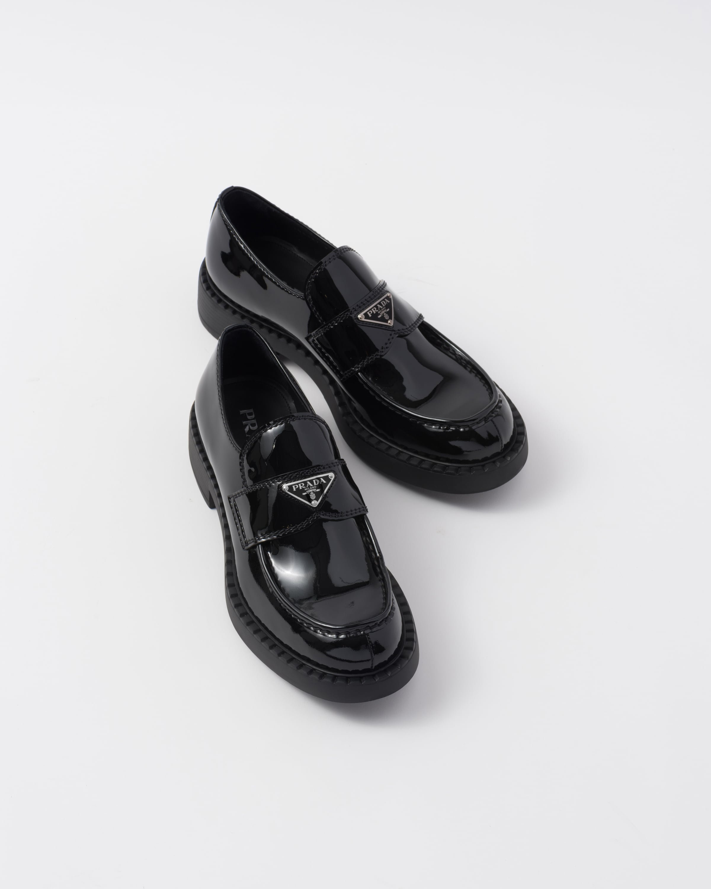 Prada Black Patent Leather Loafers with Platform Sole men’s 8 / women’s 11 PRADA Metal Enameled Triangle Leather Platform Loafers Black  main image 3