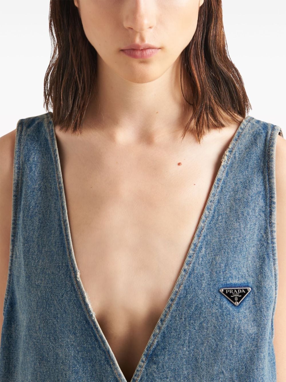 Prada V-Neck Denim Mini Dress - Blue | Editorialist