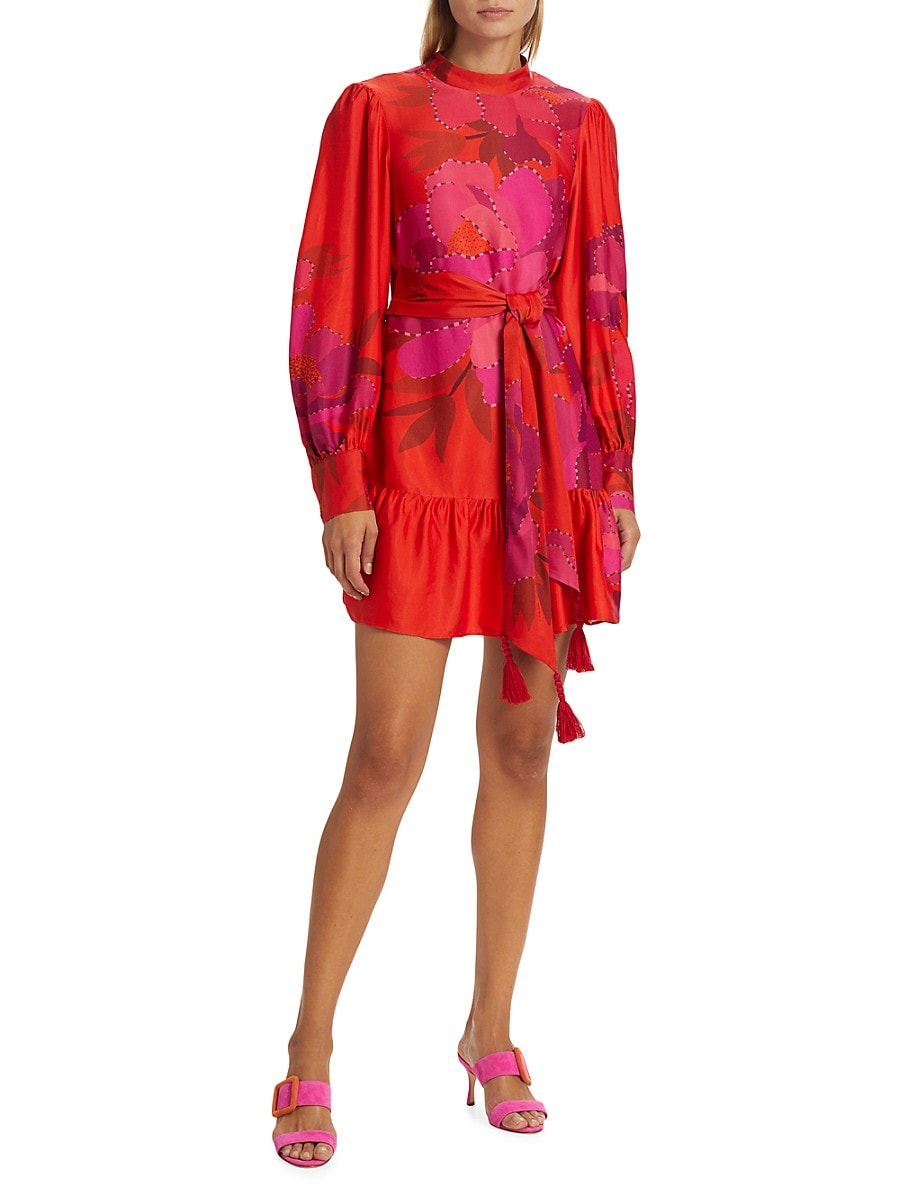 red peony long sleeve mini dress FARM Rio Red Peony Long Sleeve Mini-Dress