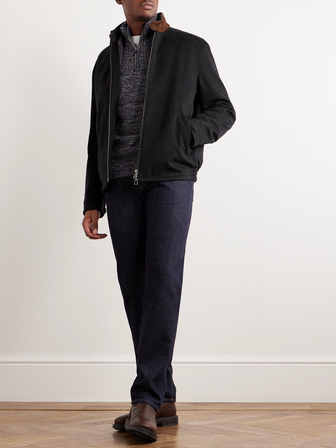 LORO PIANA Roadster Suede-Trimmed Brushed-Knit Jacket with Detachable Gilet
