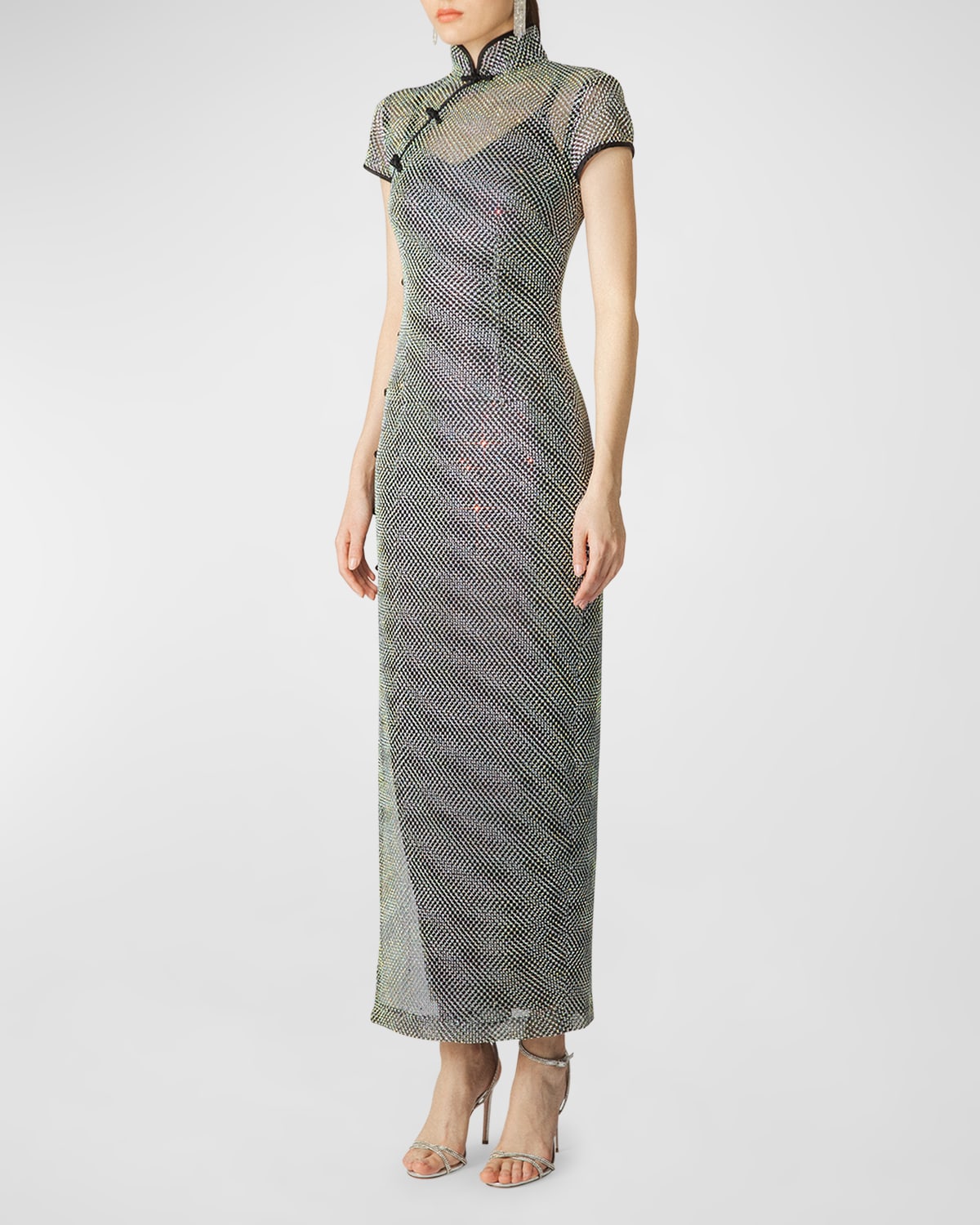 Sau Lee Crystal Mesh Mandarin Collar Midi Dress - Blacksilver | Editorialist