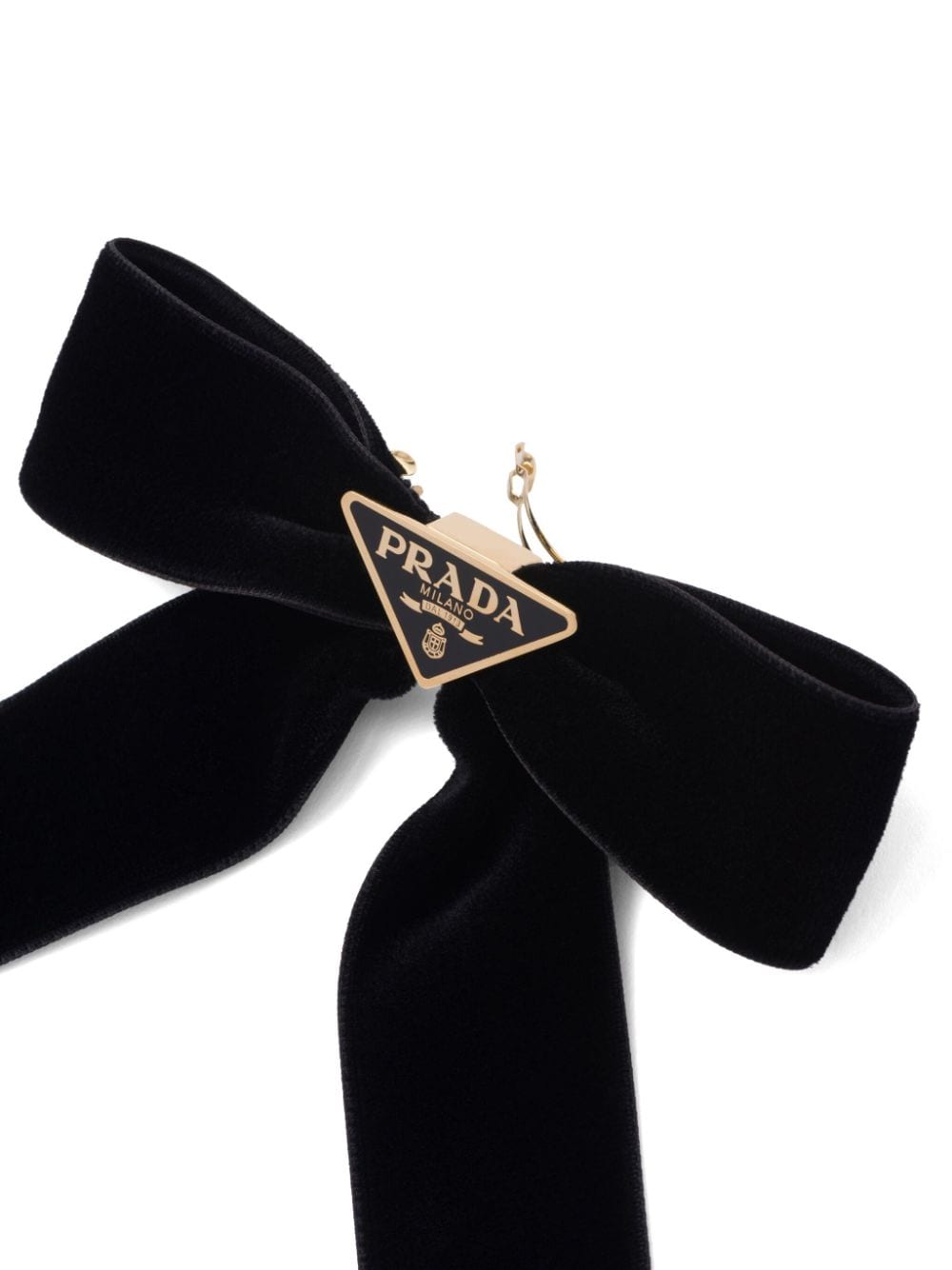 PRADA ブラックベルベットリボン Prada Triangle Logo Velvet Hair Clip - Black | Editorialist