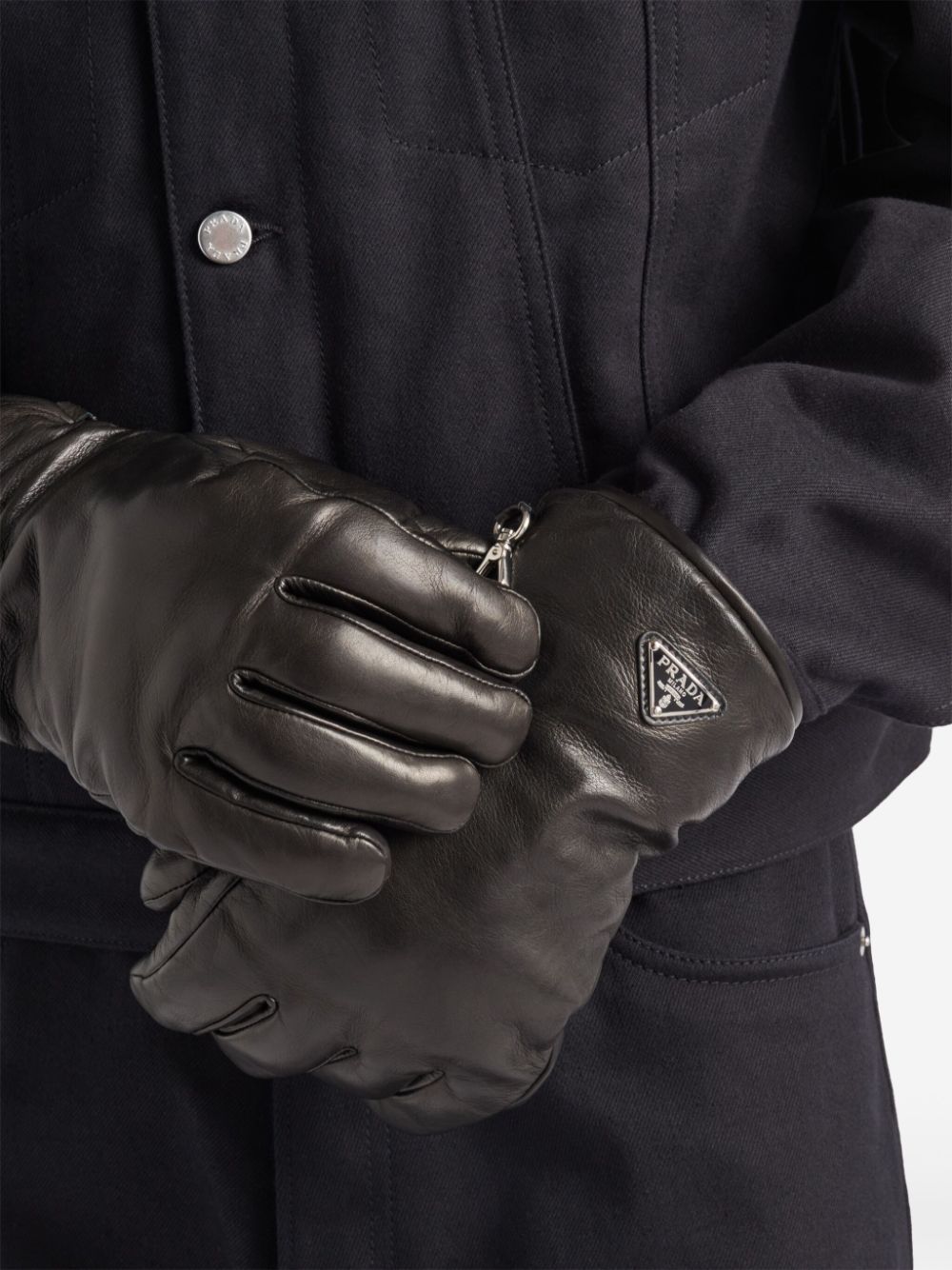 Prada Pouch-Embellished Leather Gloves - Purple | Editorialist