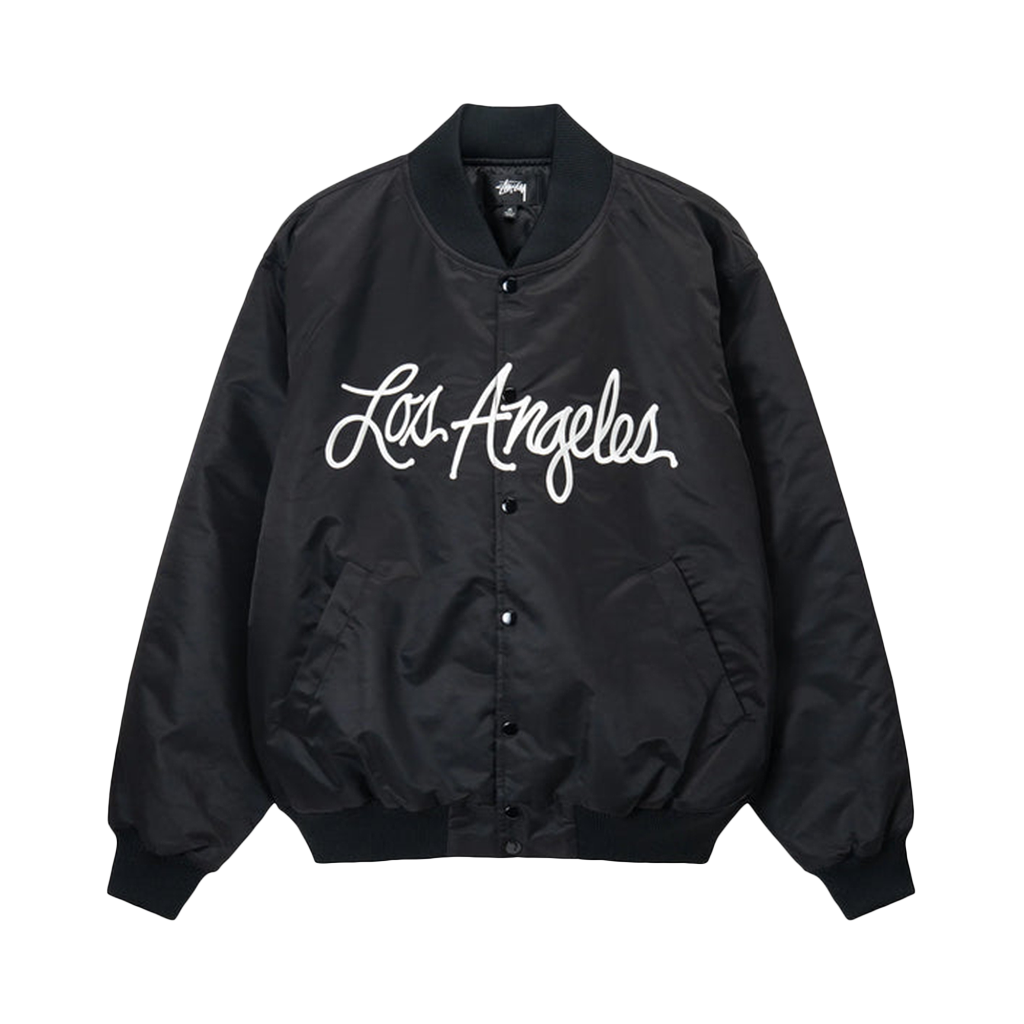 StüSsy La Chapter Satin Varsity Jacket - Black | Editorialist