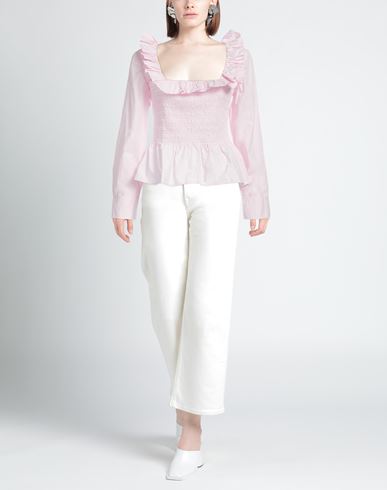 GANNI GANNI Ruched Organic Cotton Long Sleeve Top with Ruffles