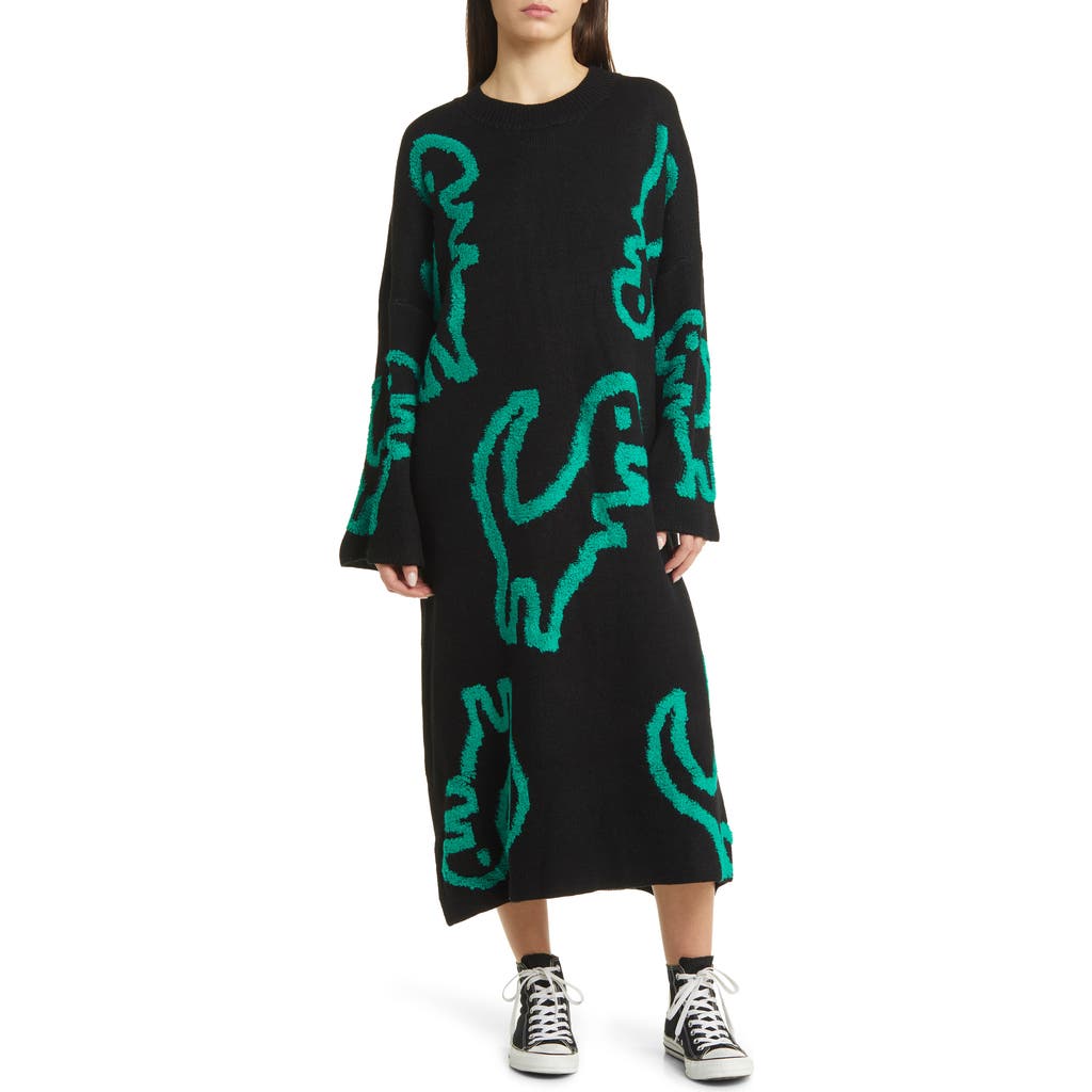 DRESSED IN LALA Oversized Sweater Dress with Dinosaur Graphic